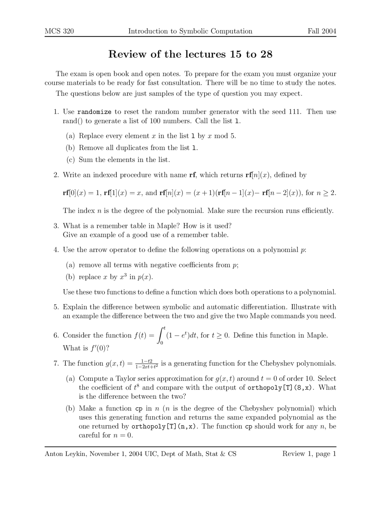 Review Sheet For Introduction To Symbolic Computation Mcs 320 Docsity