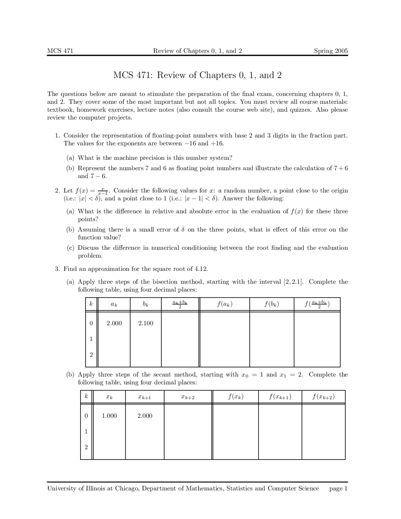 Review Sheet For Practice Test Numerical Analysis Mcs 471 Docsity