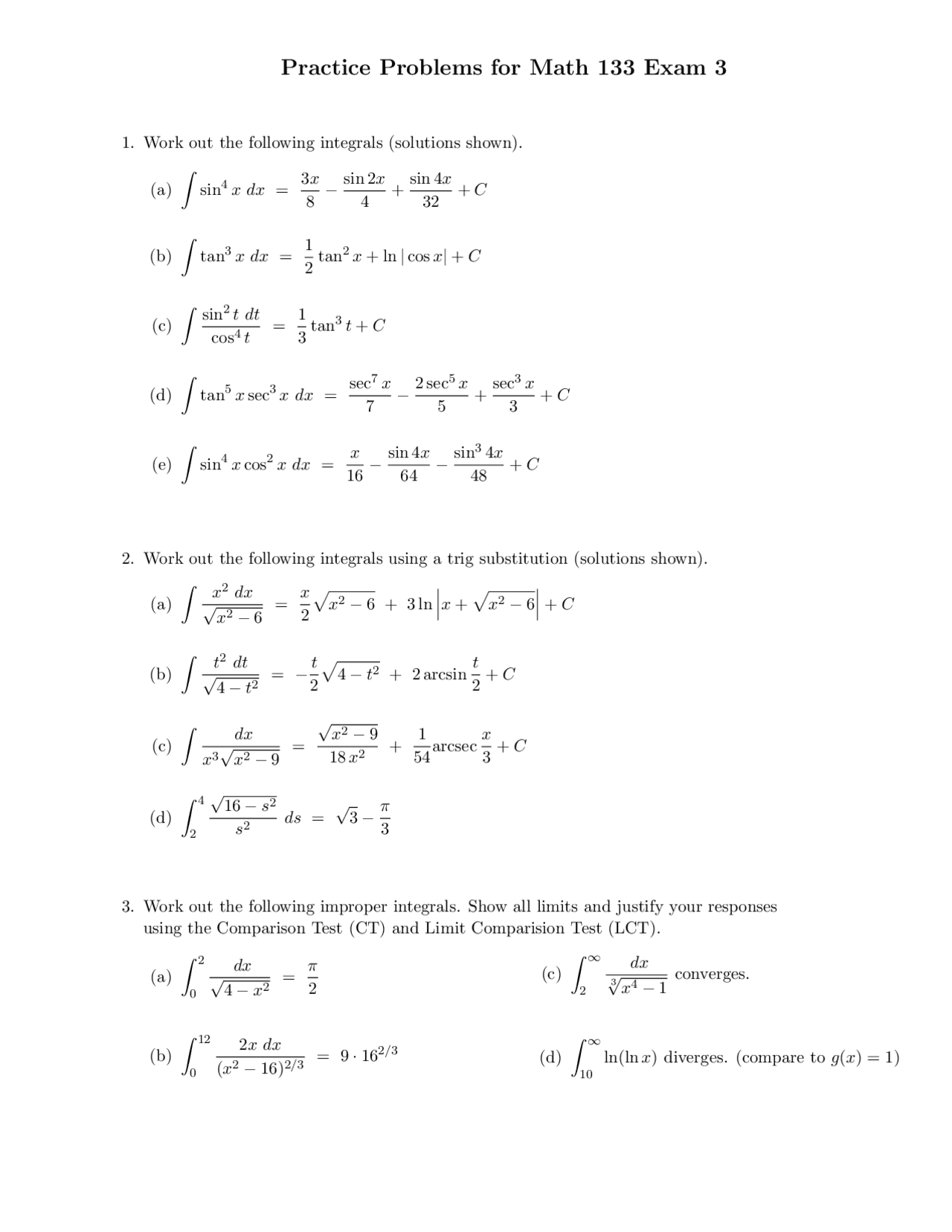 Math 133 Exam 3 Practice: Integrals, Improper Integrals, Diff. Equations, Sequences - Prof ...