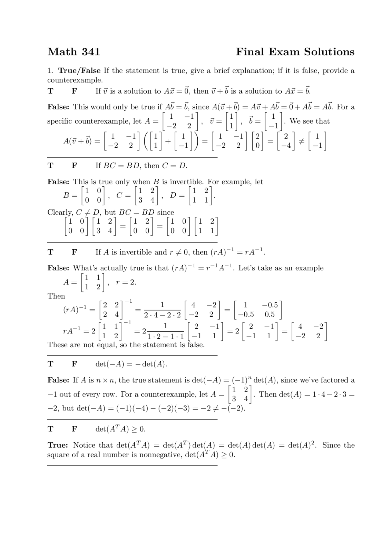 Math 341 Final Exam Solutions - Prof. Craig Tingey | Exams Linear Algebra | Docsity