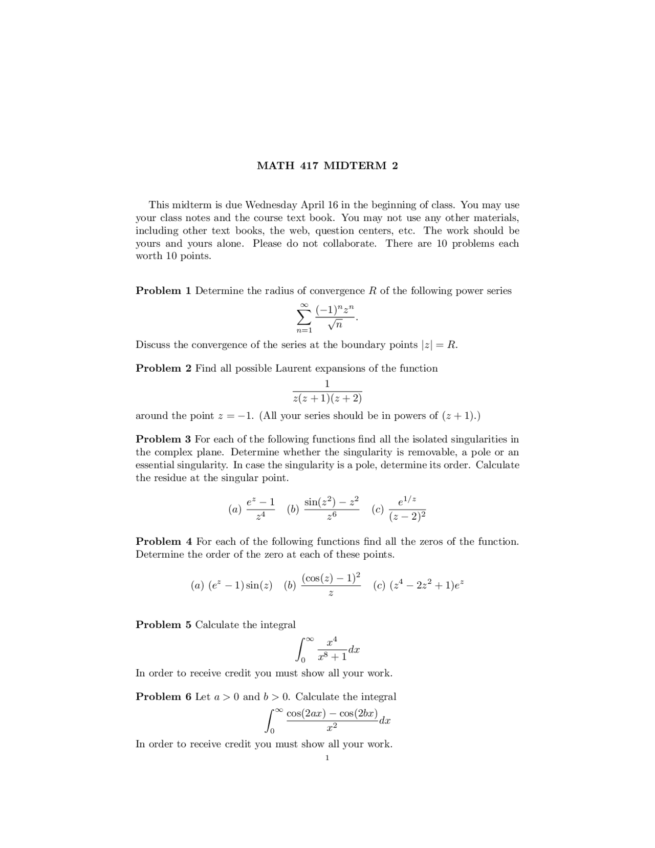 MATH 417 Midterm 2: Complex Analysis and Integration | Study notes ...