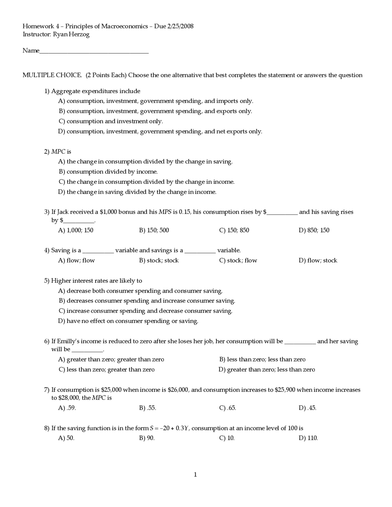 Questions For Assignment 4 Introductory Macroeconomic Analysis Ec