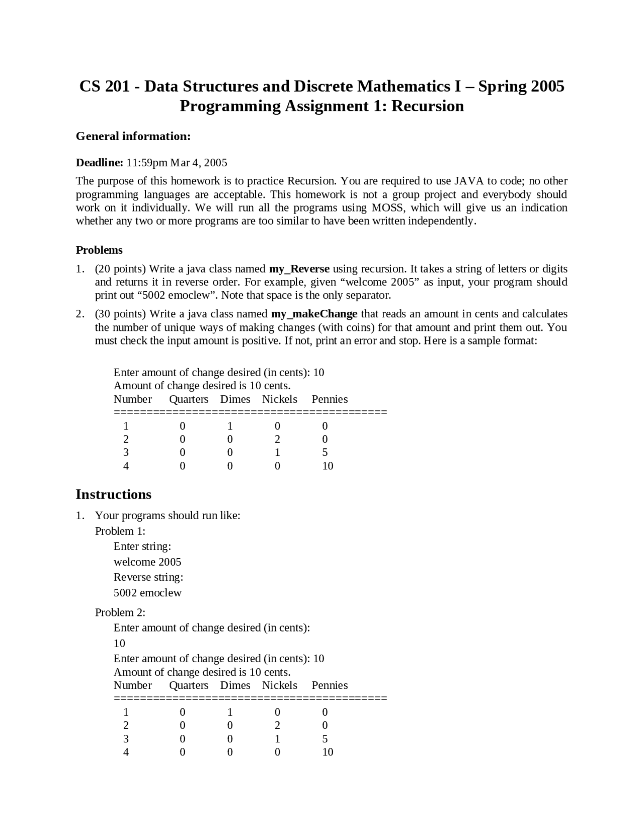 CS 201 - Data Structures and Discrete Mathematics I: Recursion Assignment | Assignments Computer ...