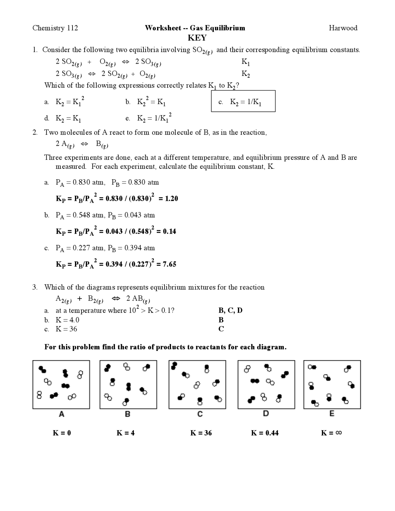 Gas Equilibrium Worksheet Solutions for Chemistry 112 - Harwood | Exams ...