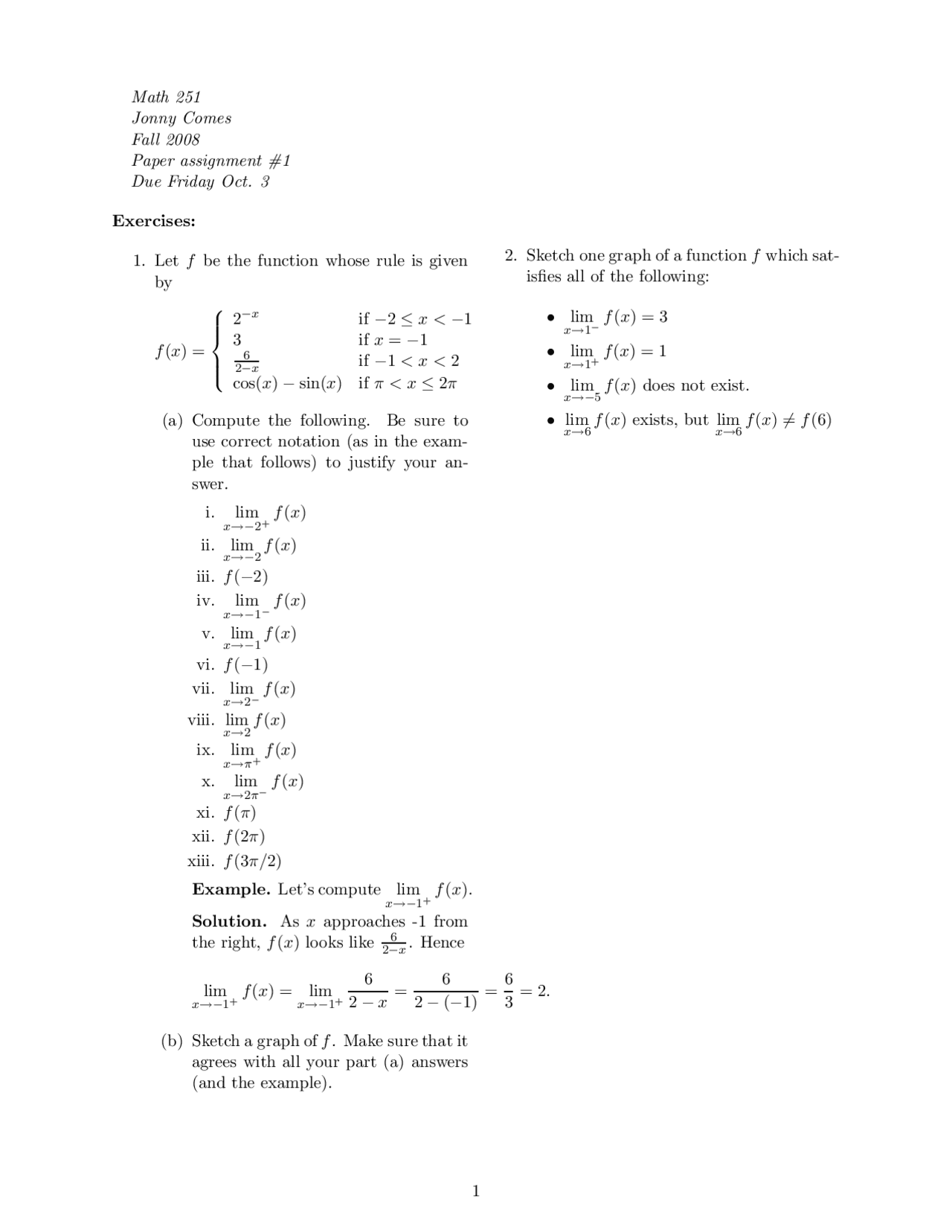 Questions With Answer For Assignment 1 Calculus I Math 251 Docsity