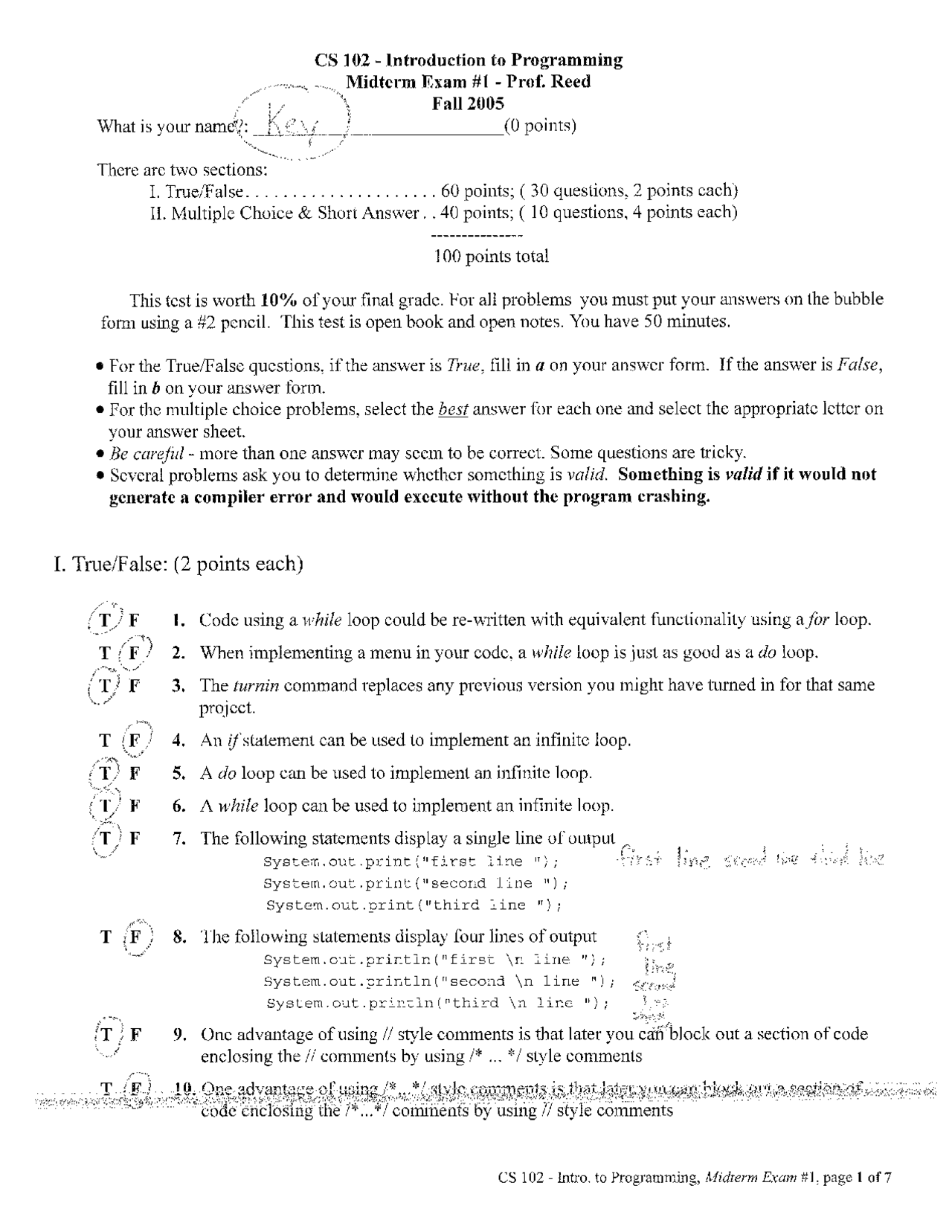 Midterm Exam 1 On Introduction To Programming With Answer Key Cs 102