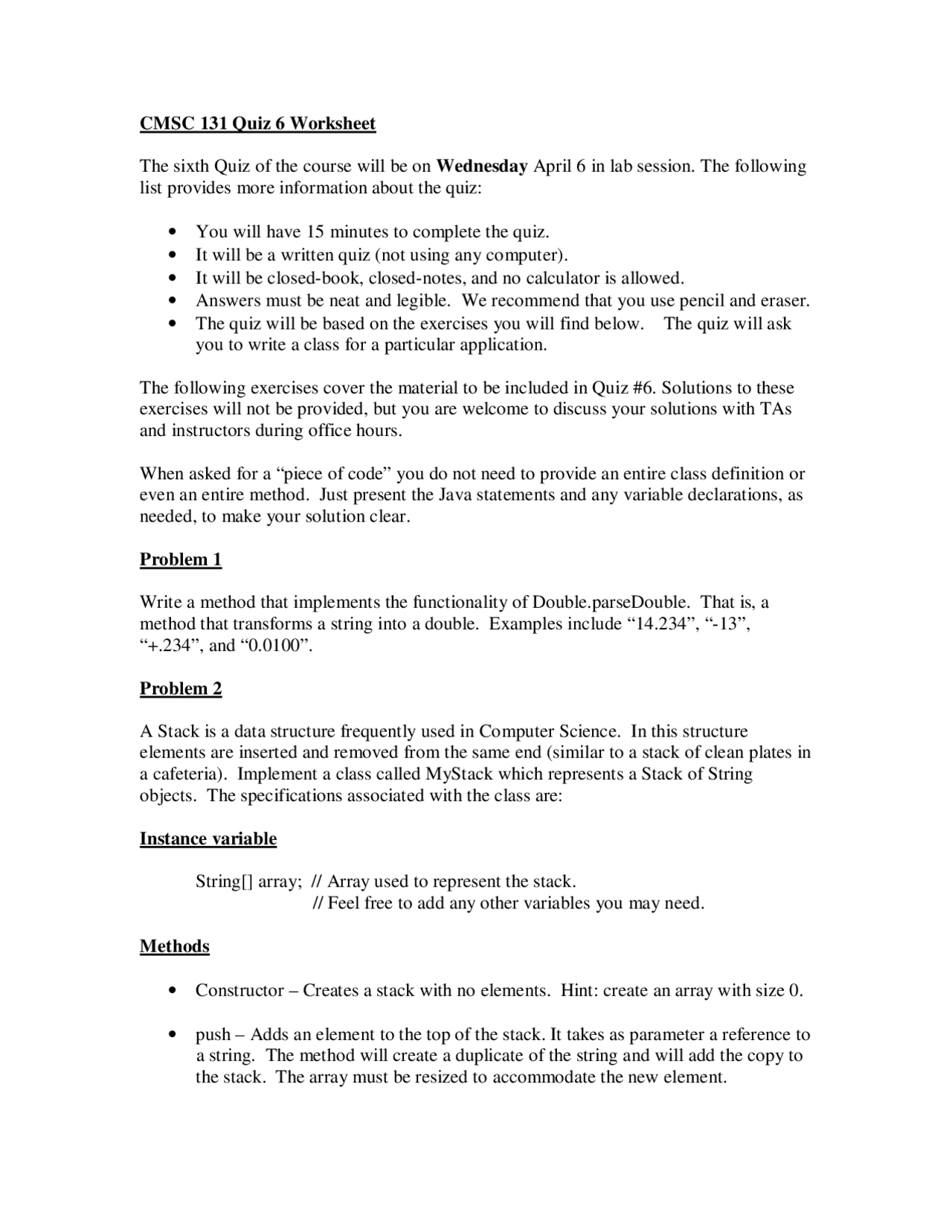 Quiz 6 Worksheet Object Oriented Programming I Cmsc 131 Quizzes Computer Science Docsity