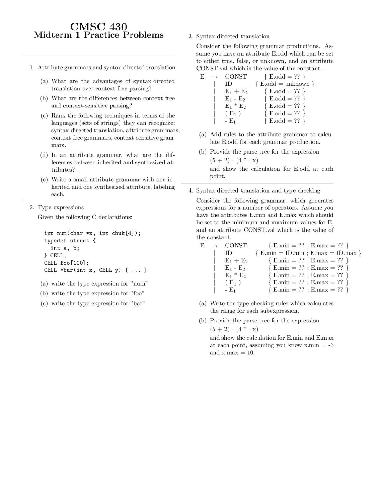 Practice Problems In Midterm Introduction To Compilers Cmsc 430 4981