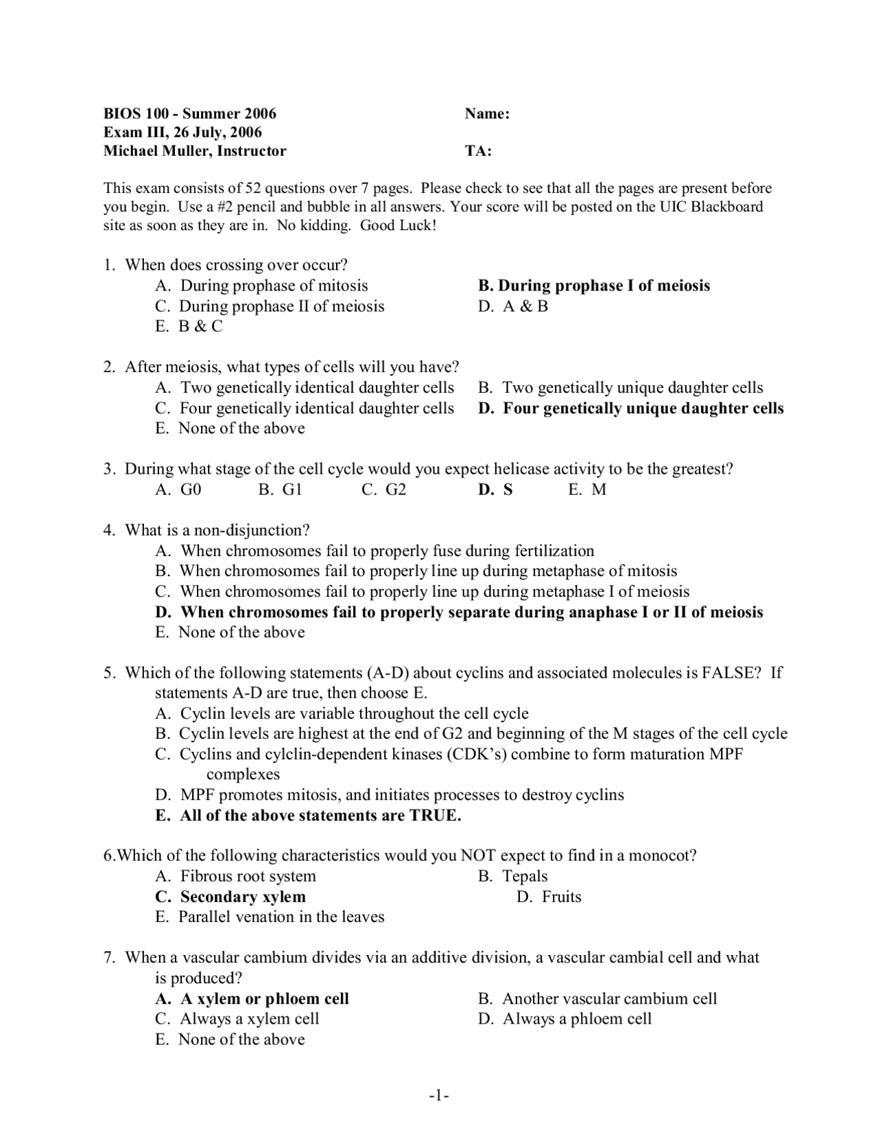 Exam III Questions with Answer Key - Biology of Cells and Organisms ...