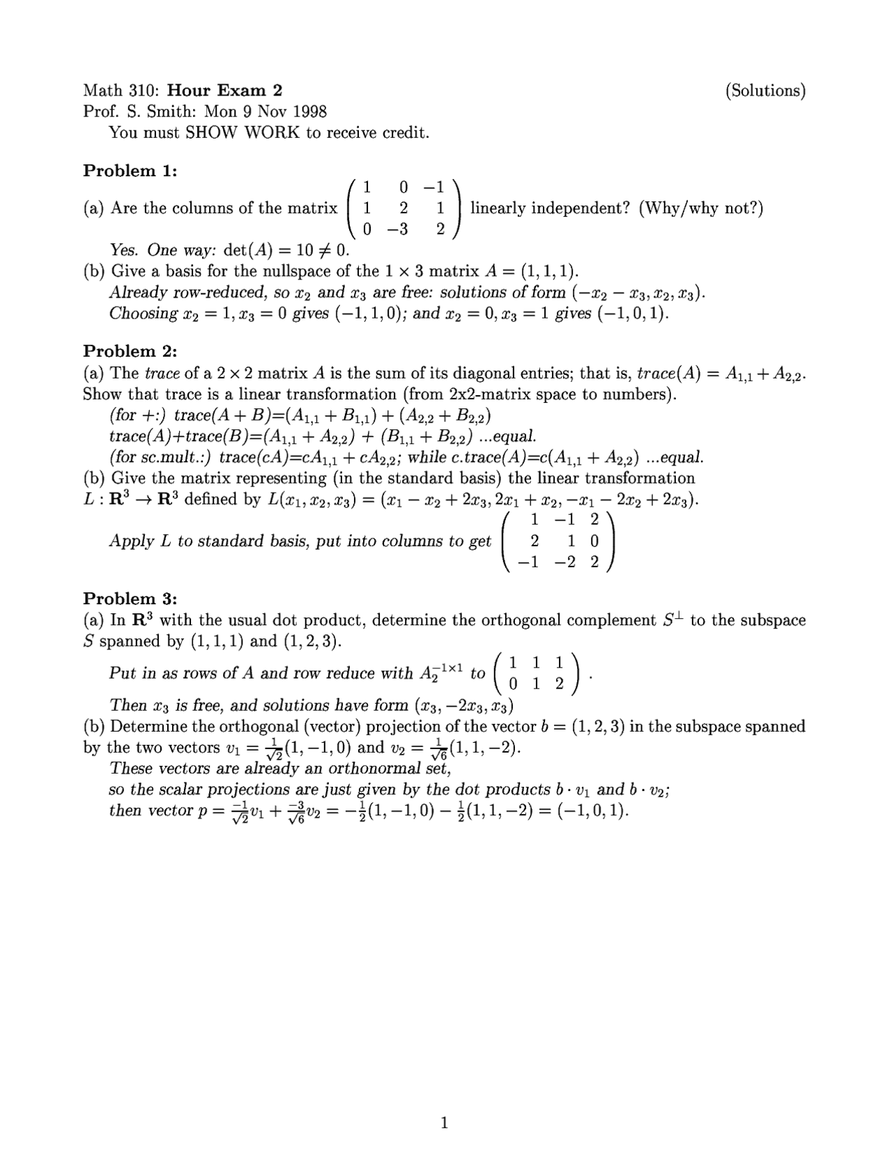 Practice Exam 2 with Solutions - Applied Linear Algebra | MATH 310 - Docsity