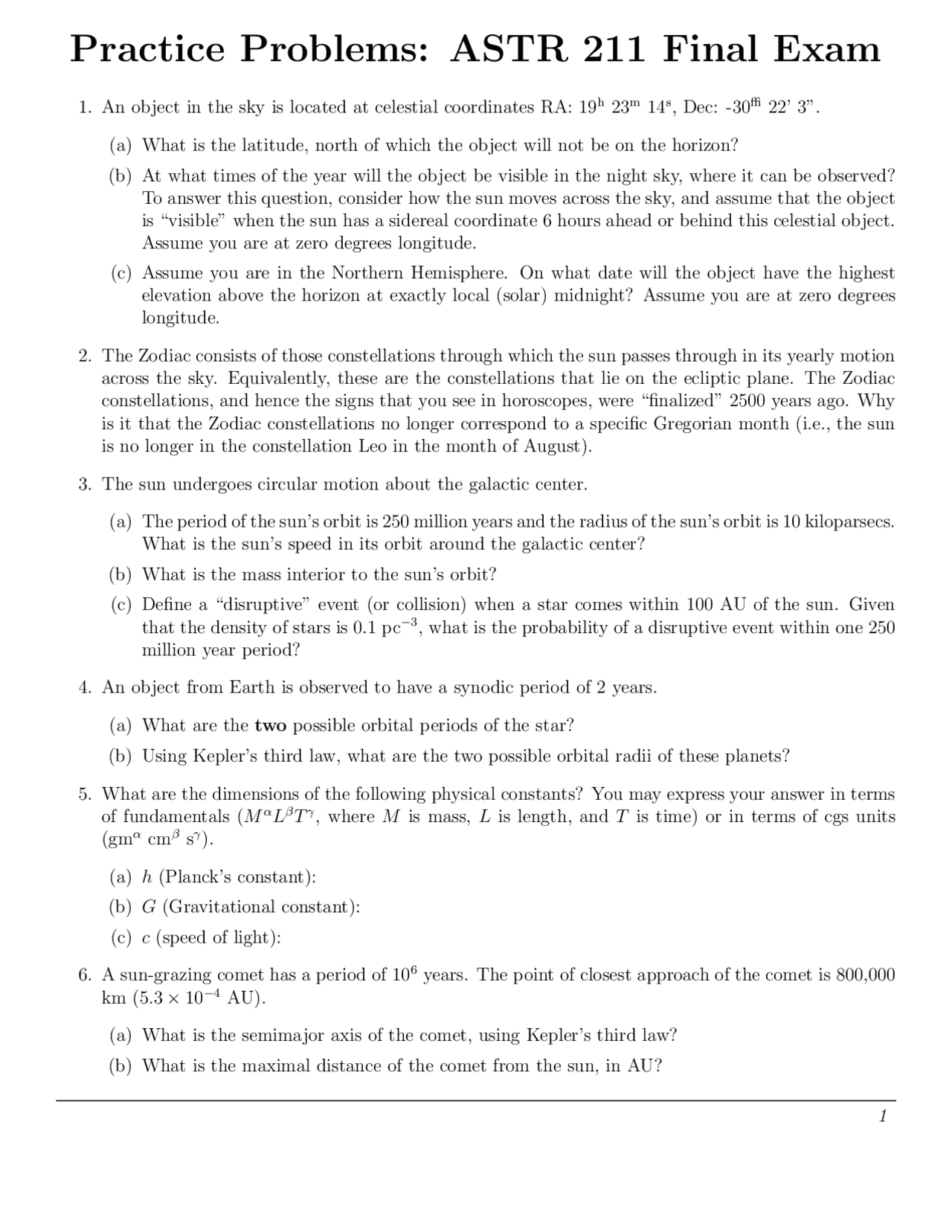 Introduction To Astrophysics I Practice Problems For Final Exam