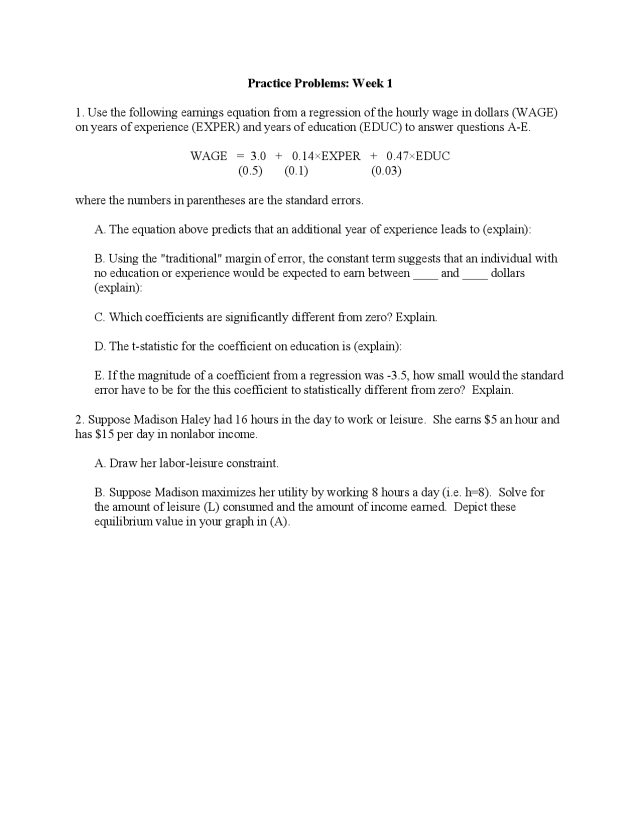 Labor Economics - Practice Problems 1 | EC 450 | Assignments Market economy | Docsity