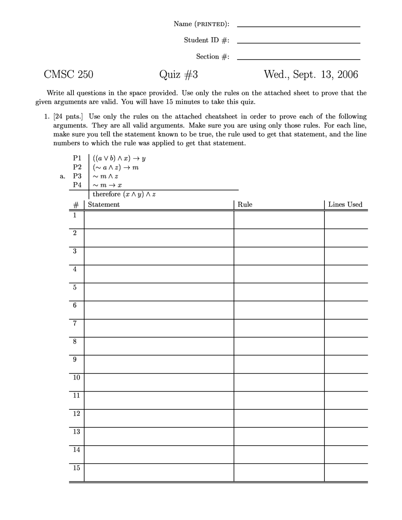 Quiz With Questions Discrete Structures 2006 Cmsc 250 Docsity