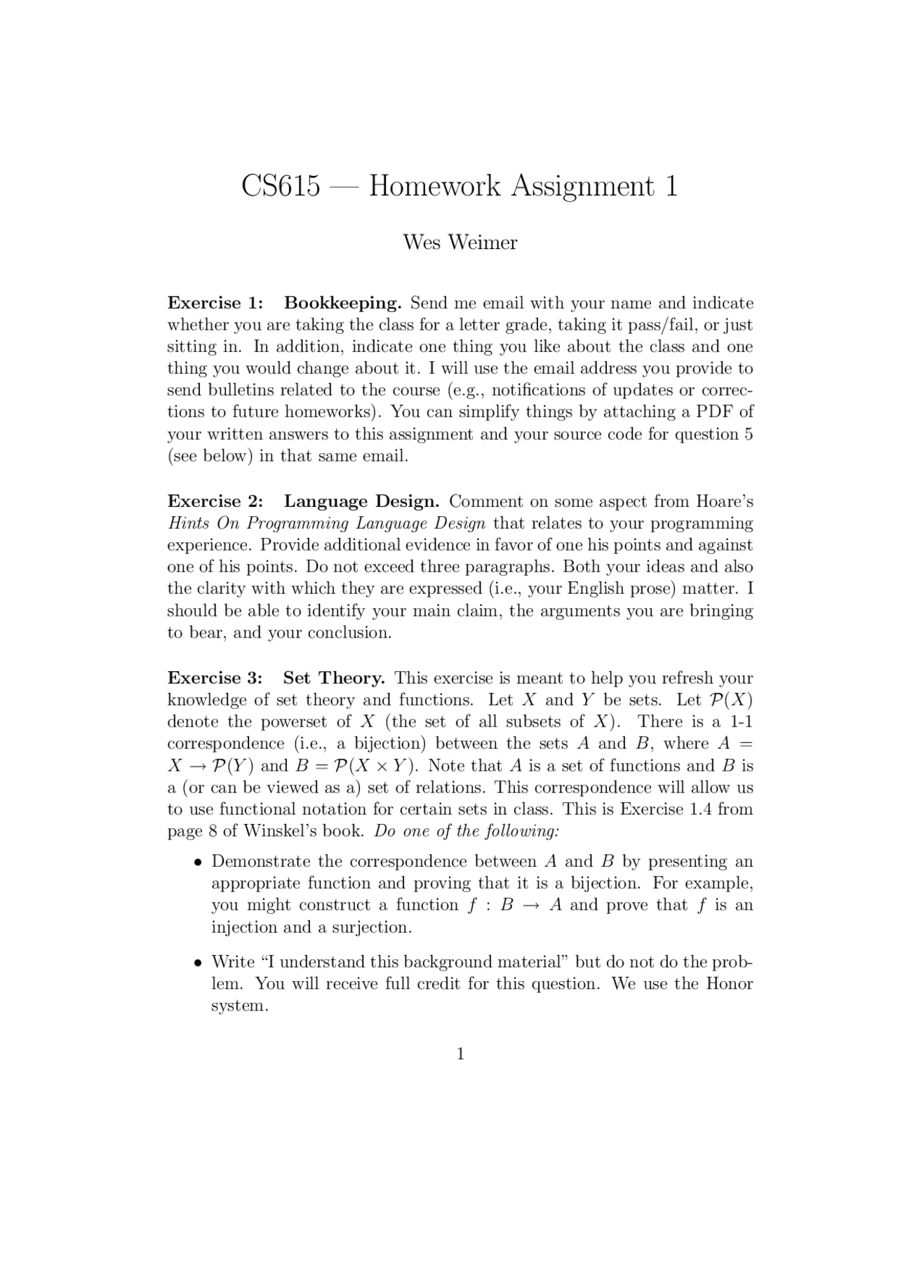 Exercises On Programming Languages Homework 1 Cs 615 Docsity