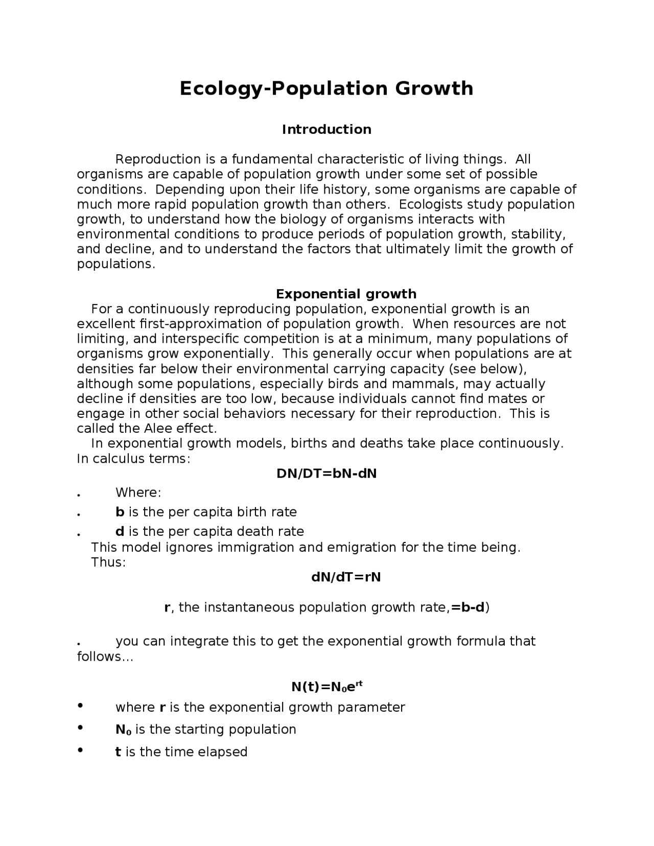 Introduction to Ecology-Population Growth | BIOS 101 - Docsity