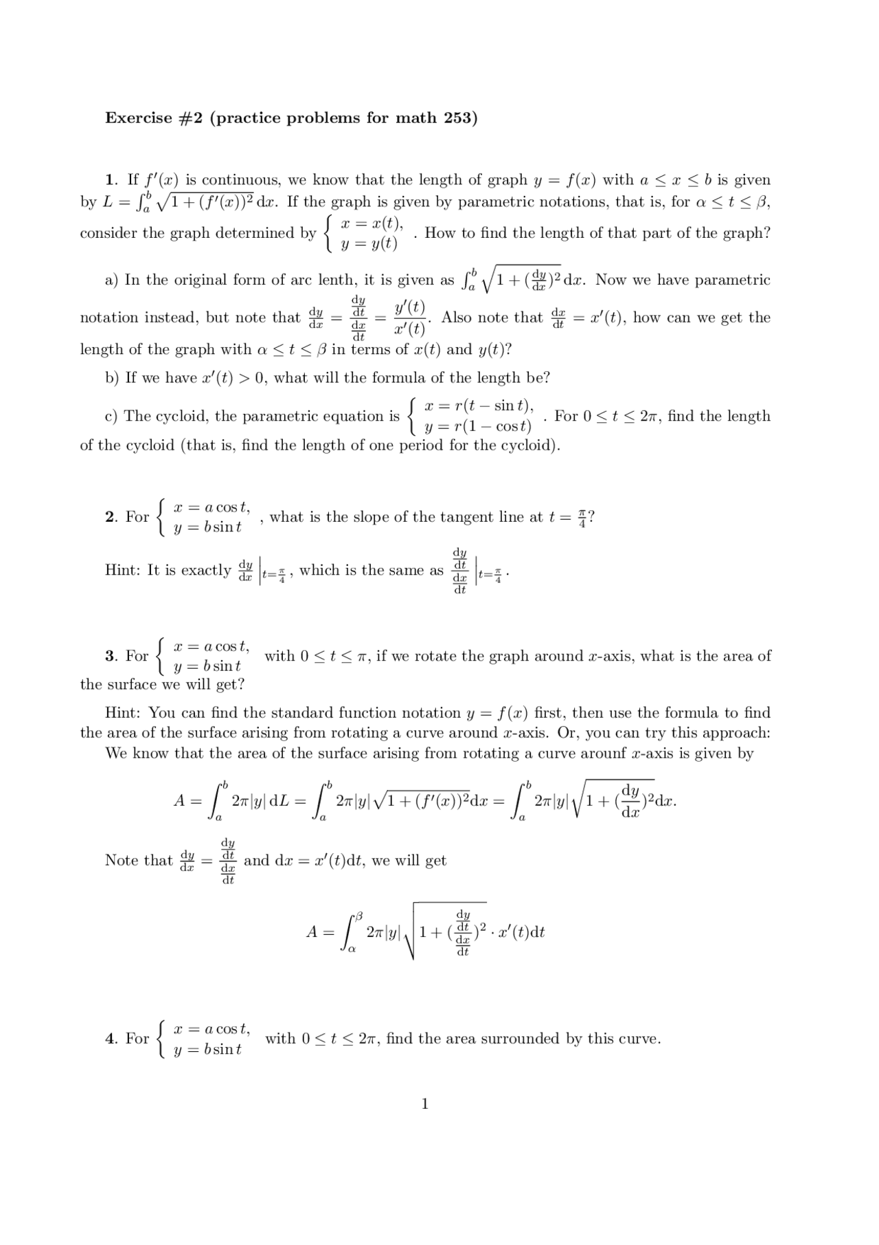 32 Practice Problems On Parametric Equations Examination Math 253 Docsity