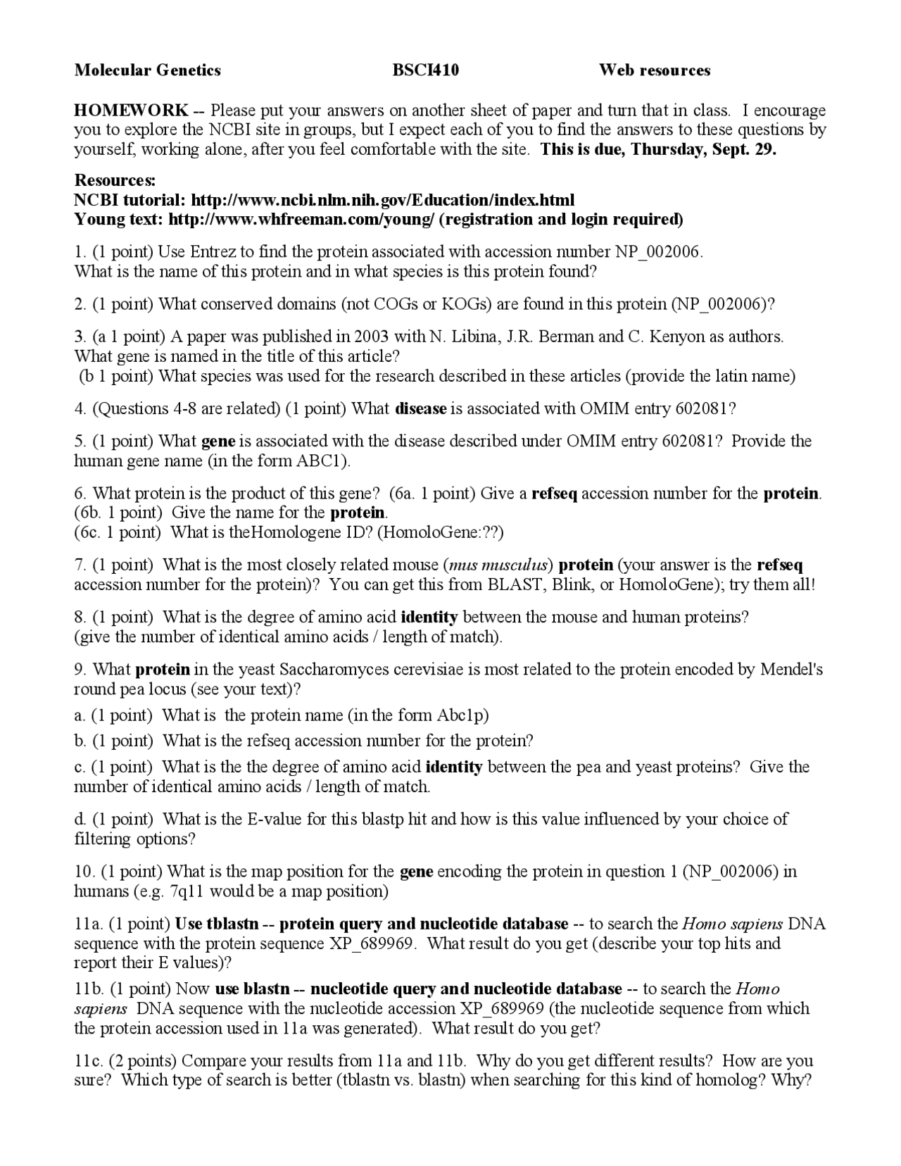 11 Questions On Molecular Genetics Sample Homework Bsci 410 Docsity