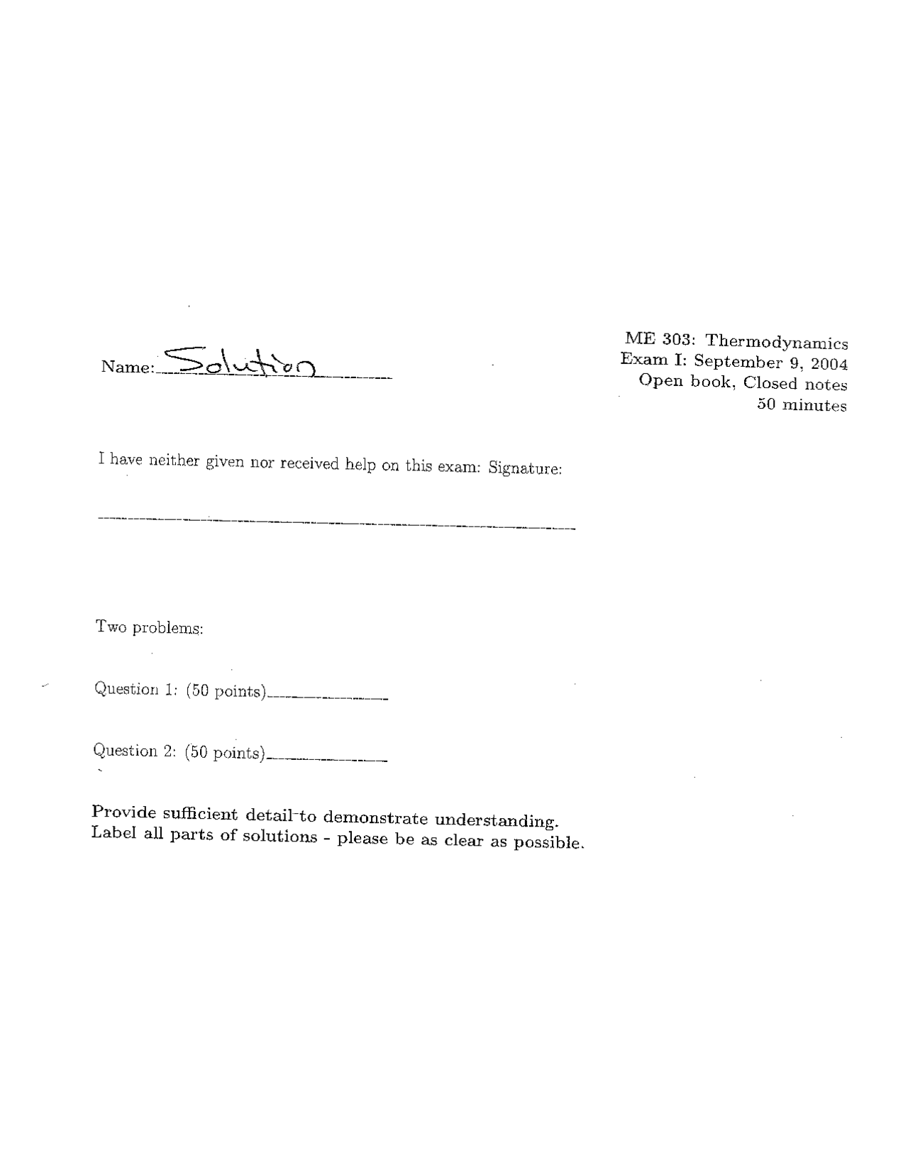 Exam 1 With Answer Key Thermodynamics M E 303 Docsity
