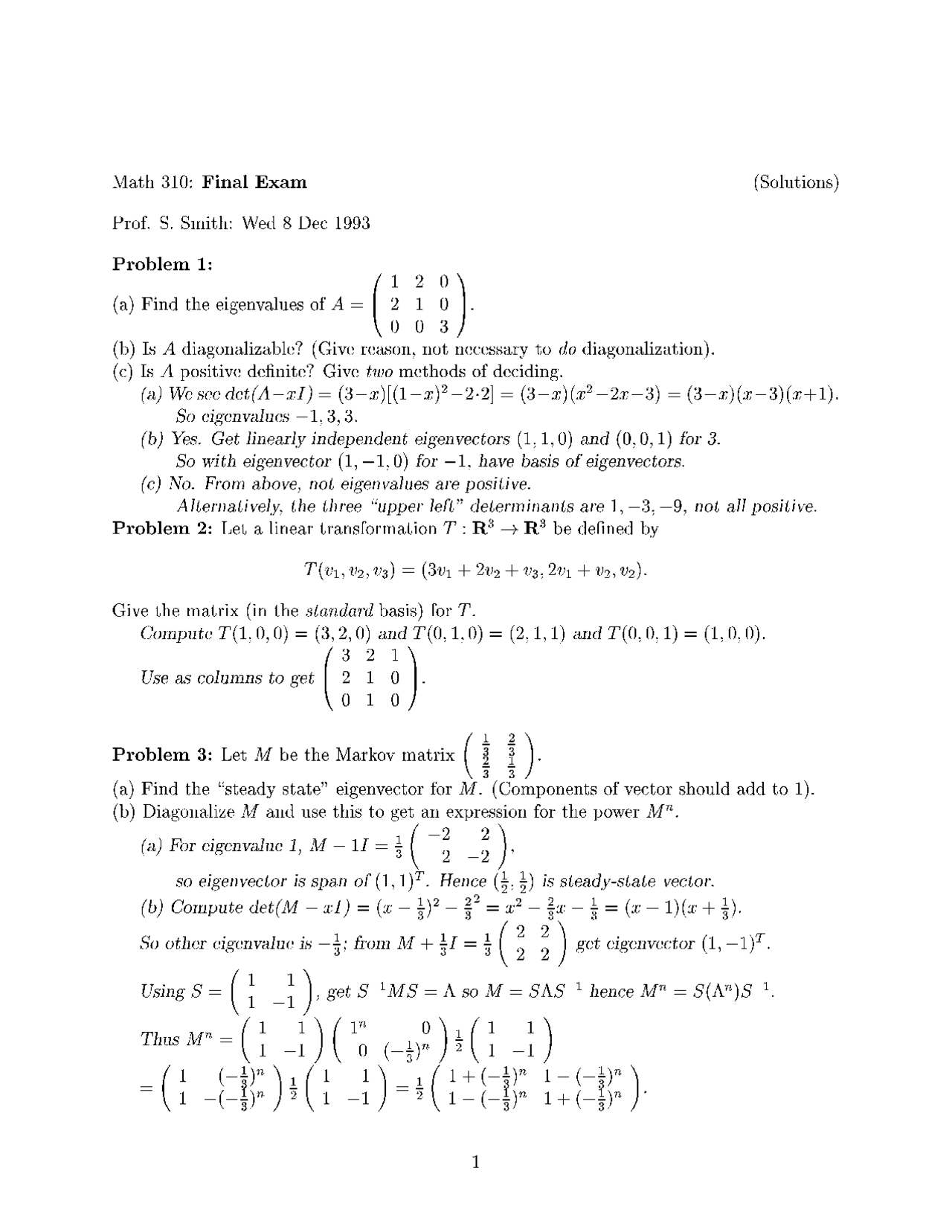 Final Exam with Solutions - Applied Linear Algebra - Fall 1993 | MATH 310 - Docsity