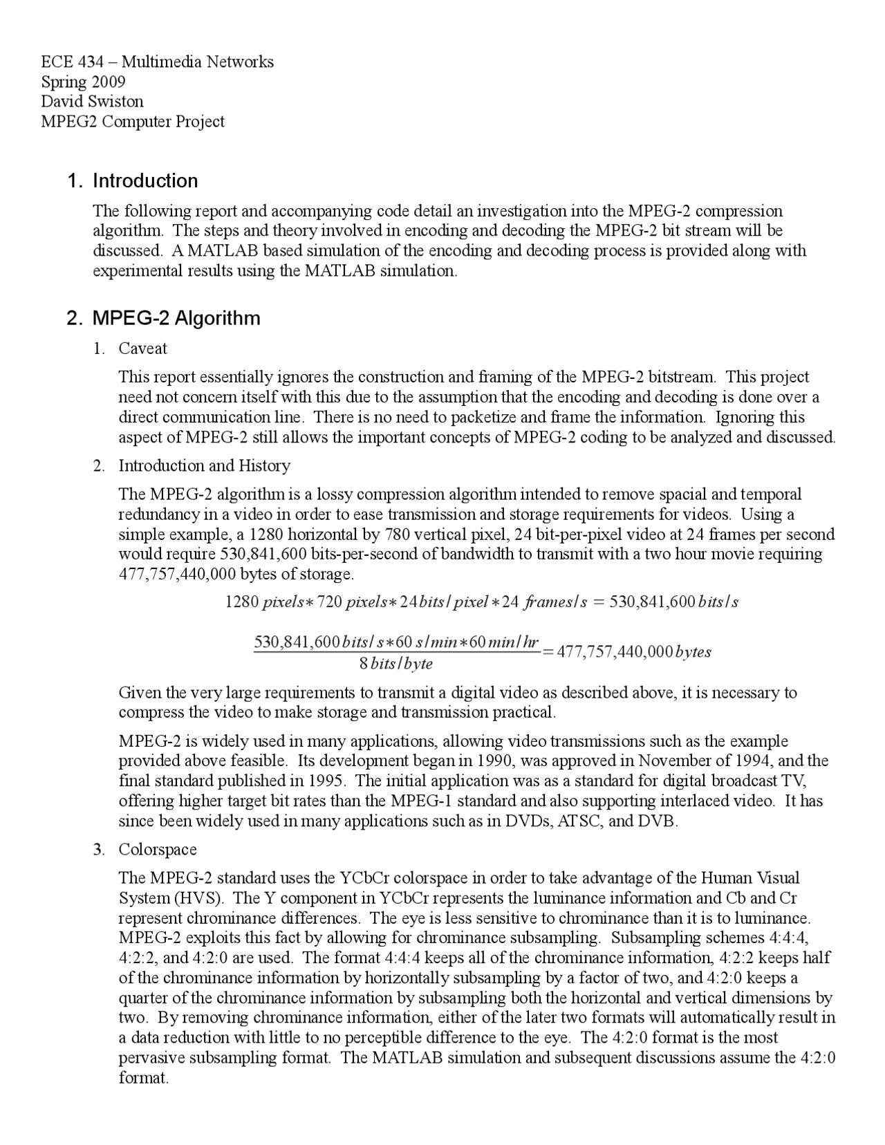 Mpeg 2 Compression Algorithm Project Report Ece 434 Docsity