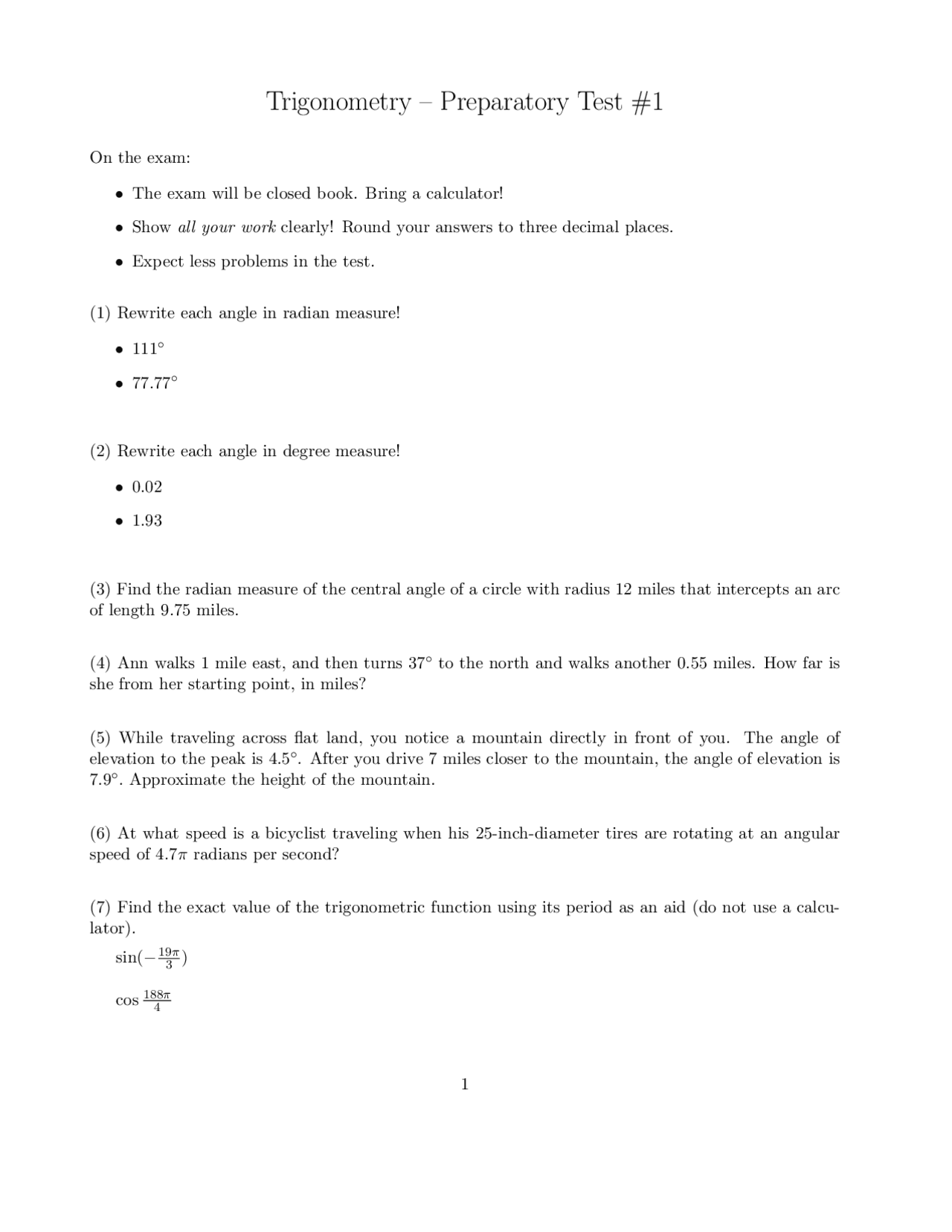Preparatory Exam 1 – Trigonometry | MATH 117 - Docsity