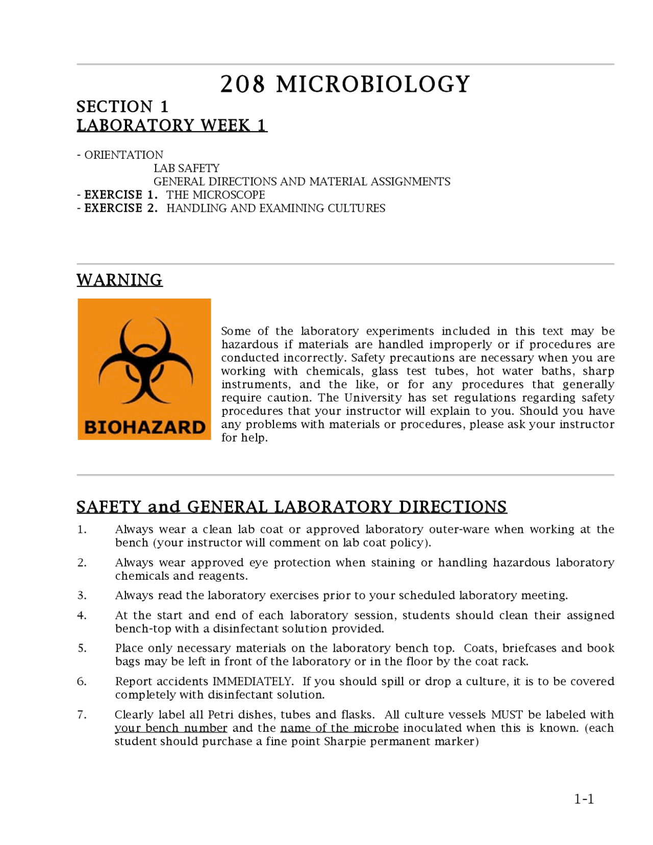 Safety and General Laboratory Directions - Lab 1 | BIOL 208 - Docsity