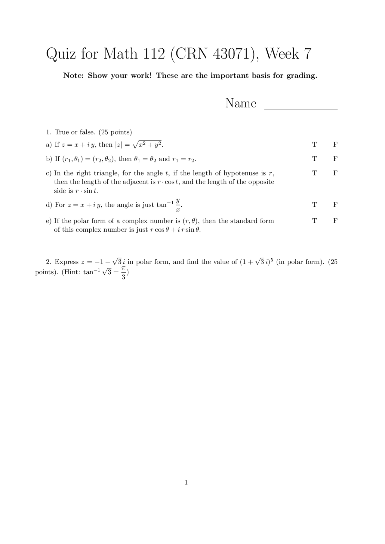 Quiz Questions For Elementary Functions MATH 112 Docsity quiz-questions-for-elementary-functions-math-112-docsity
