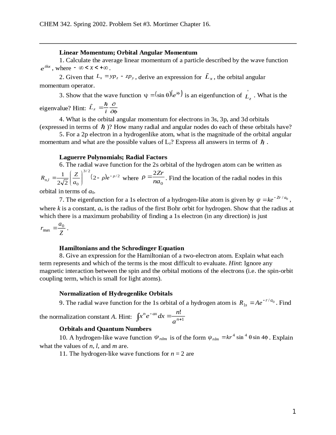 Linear Momentum Orbital Angular Momentum Problem Set 3 Chem 3420