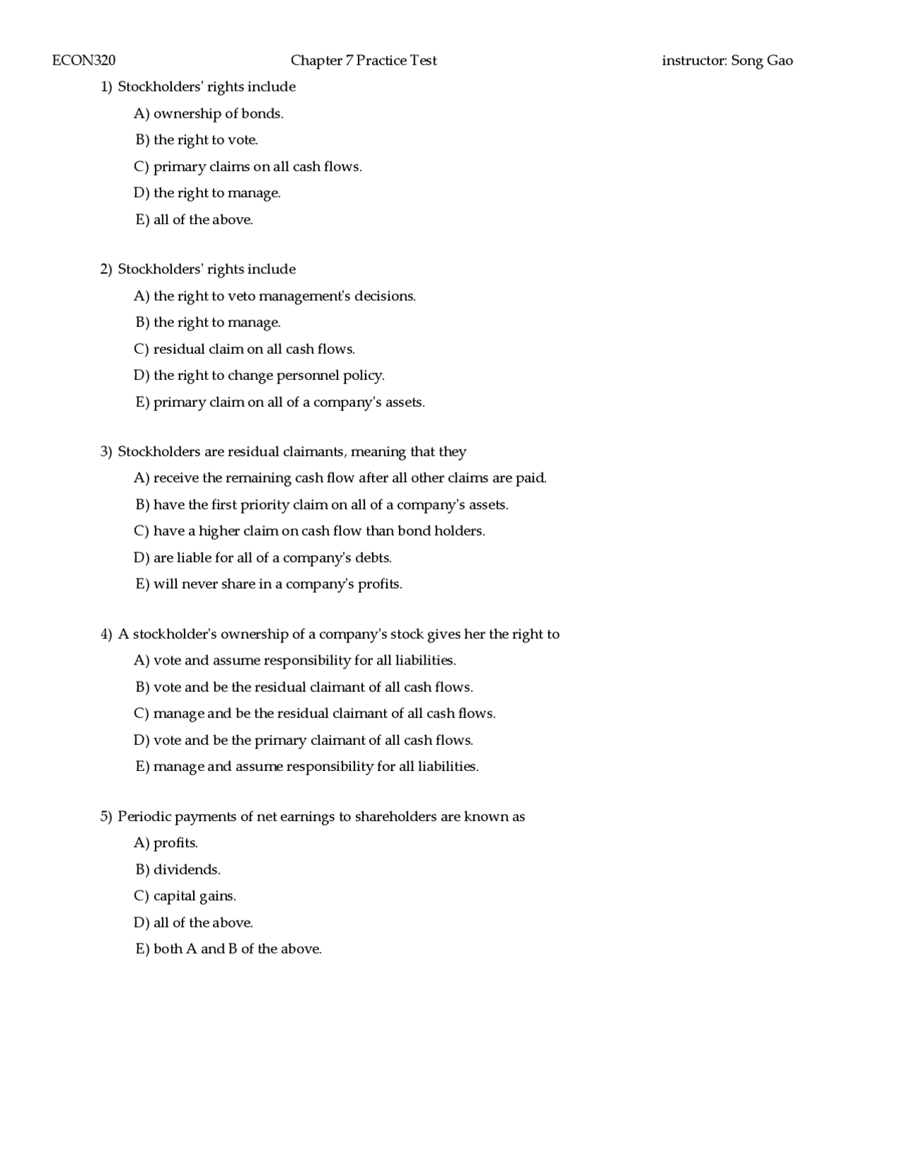 Questions For Practice Test 7 Money And Banking Econ 3200 Docsity