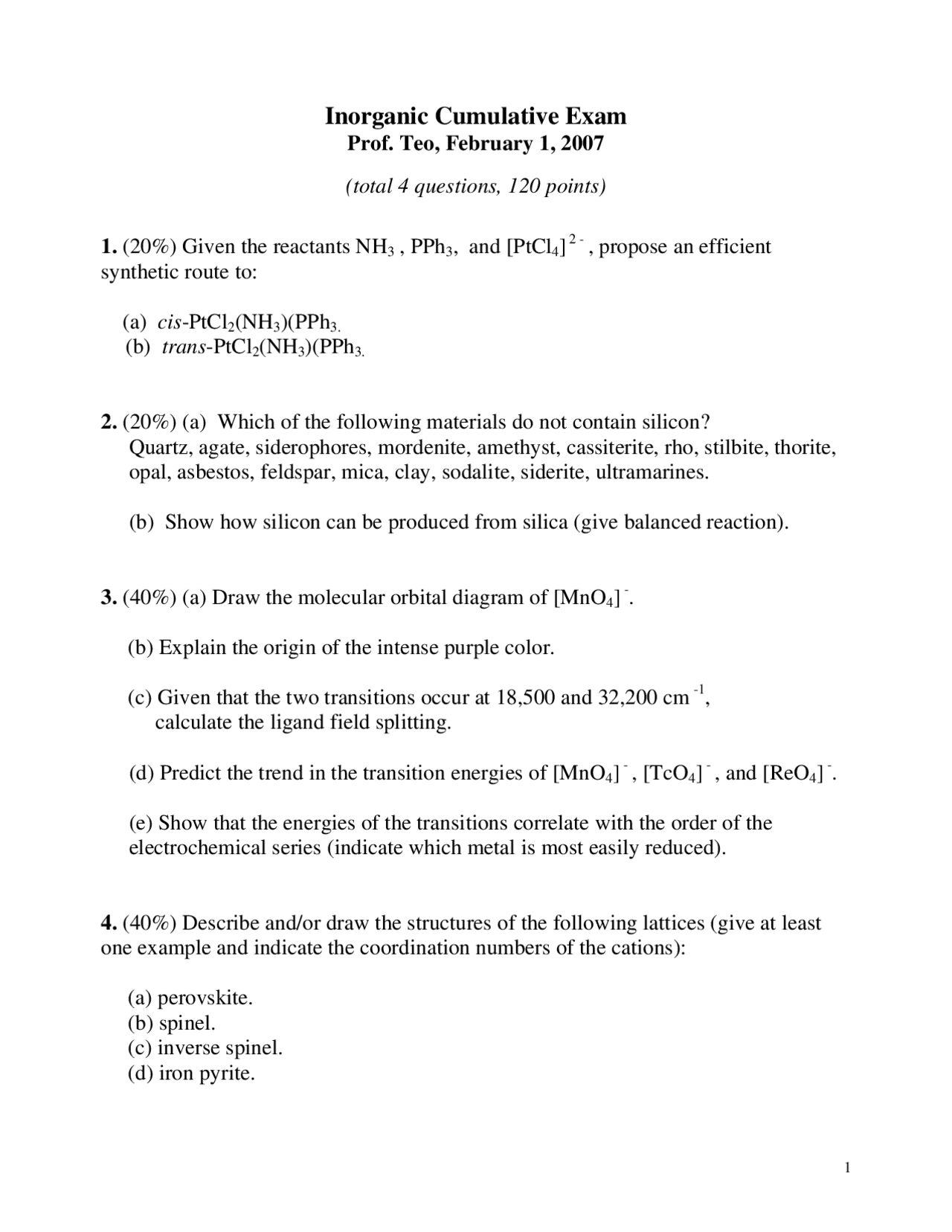 4 Multiple Choice Questions on Inorganic Chemistry | CHEM 314 - Docsity