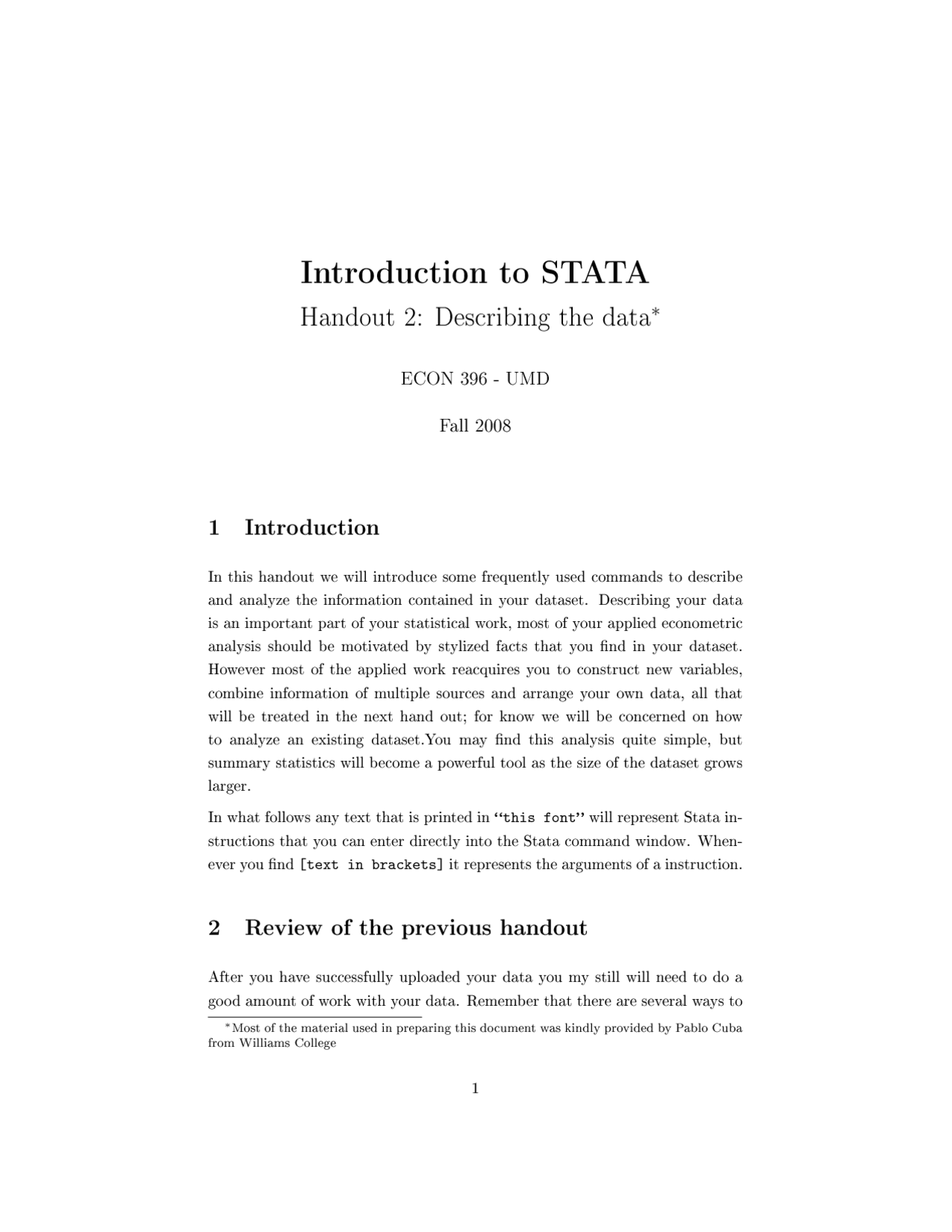 Describing the Data* - Handout 2 - Introduction to STATA | ECON 396 ...