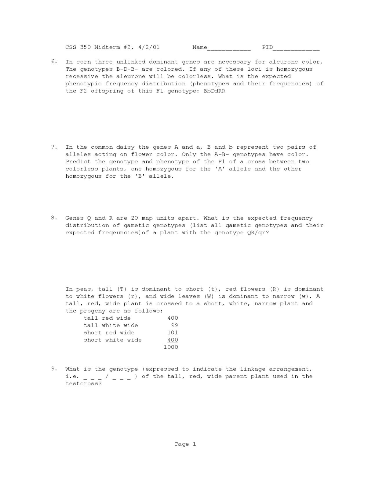 Midterm Exam 2 - Introduction to Plant Genetics | CSS 350 - Docsity