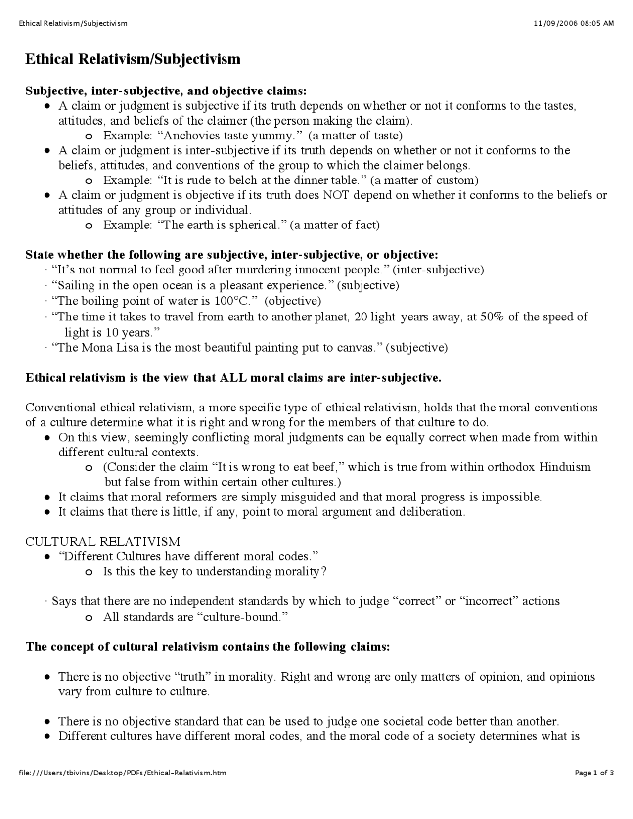 Ethical Relativism Subjectivism - Lecture Handout | J 397 - Docsity