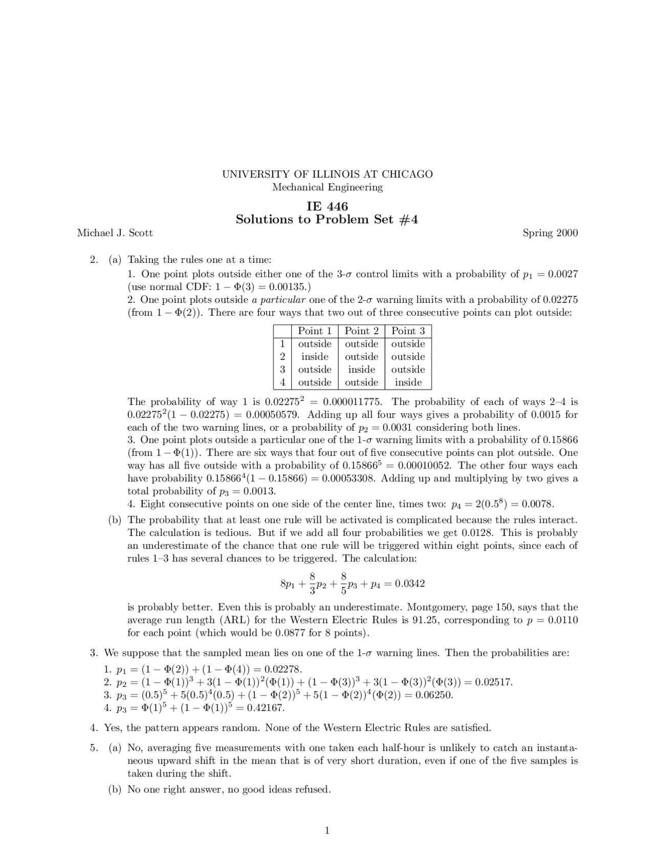 Solutions To Problem Set 4 Quality Control And Reliability Ie 446
