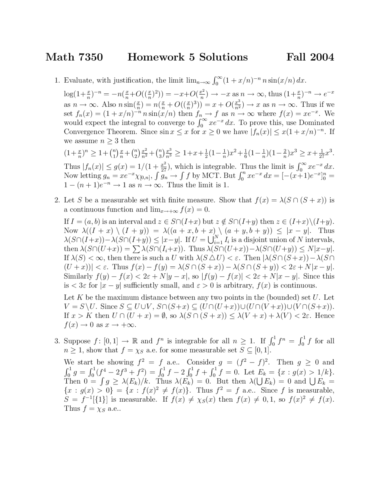 Homework Solutions for Math 7350, Fall 2004: Limits and Integrals | Assignments Mathematics ...
