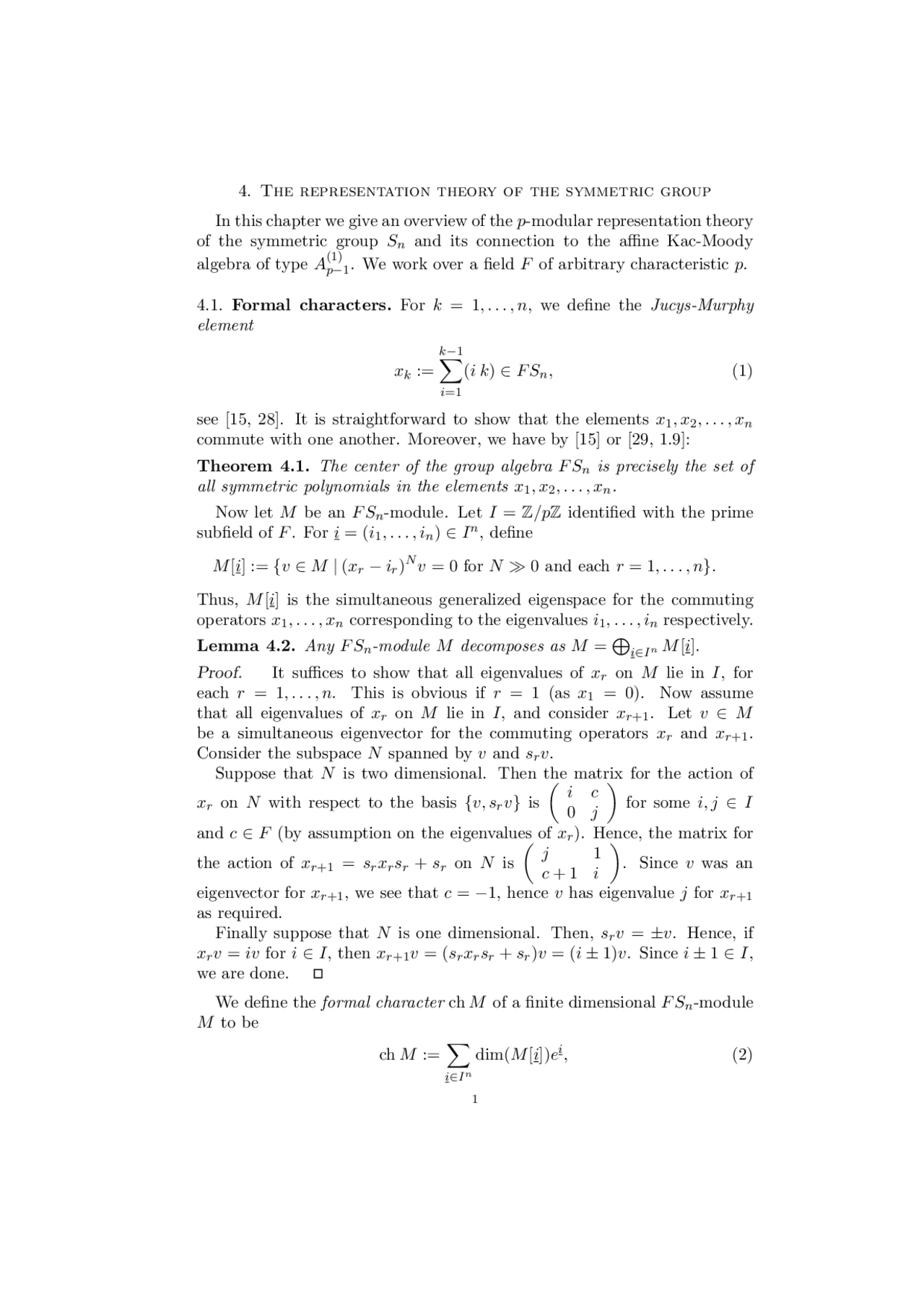 Review Sheet for Representative Theory of Symmetric Group | MATH 607 ...