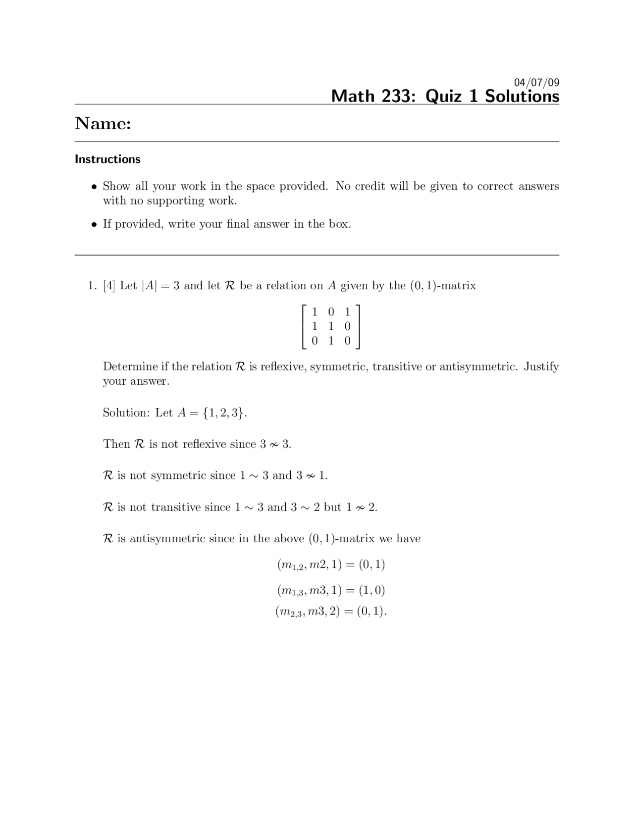 Elementary Discrete Mathematics Iii Quiz 1 With Solutions Math 233