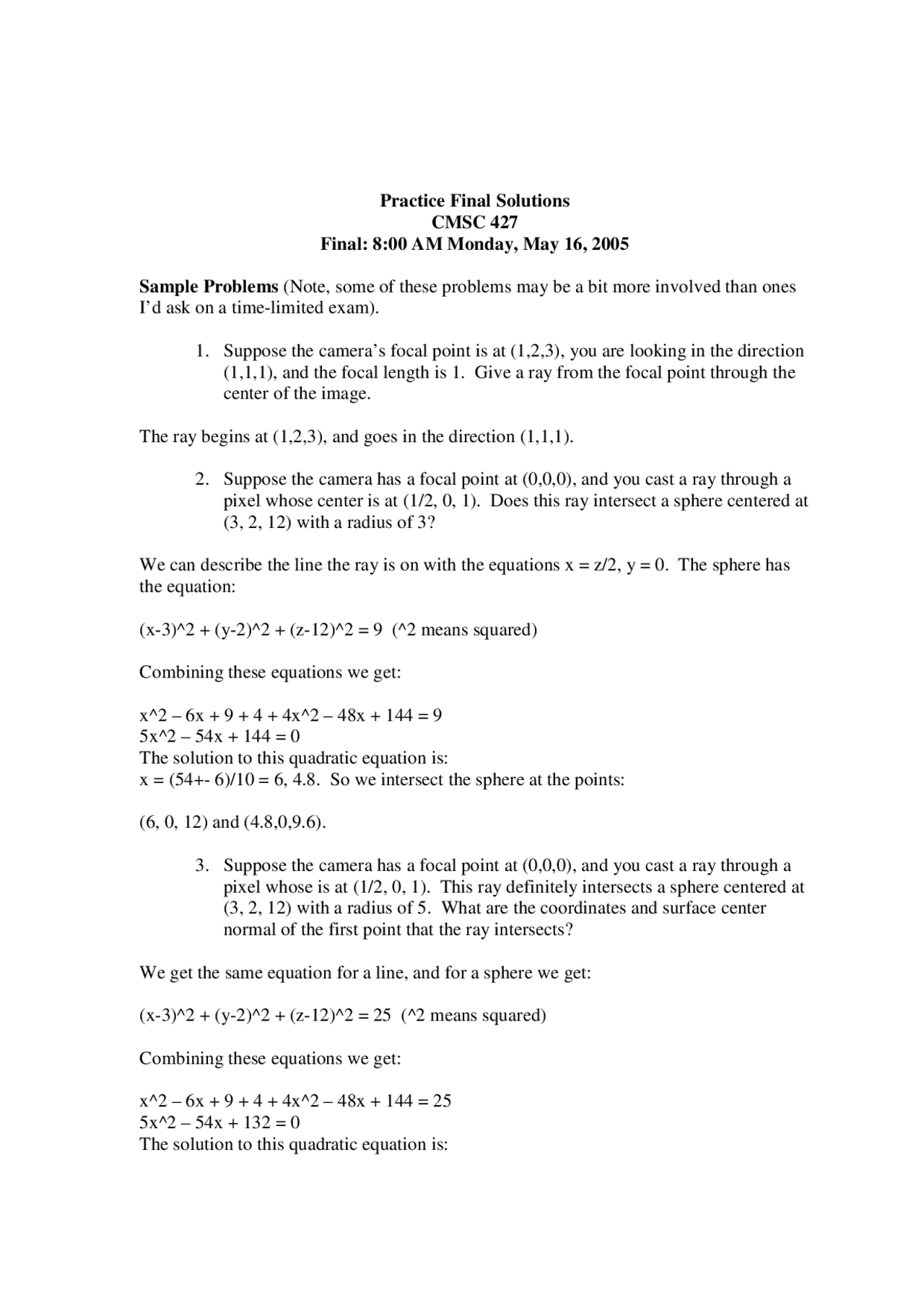 Practice Final Exam Solutions Computer Graphics Cmsc 427 Docsity