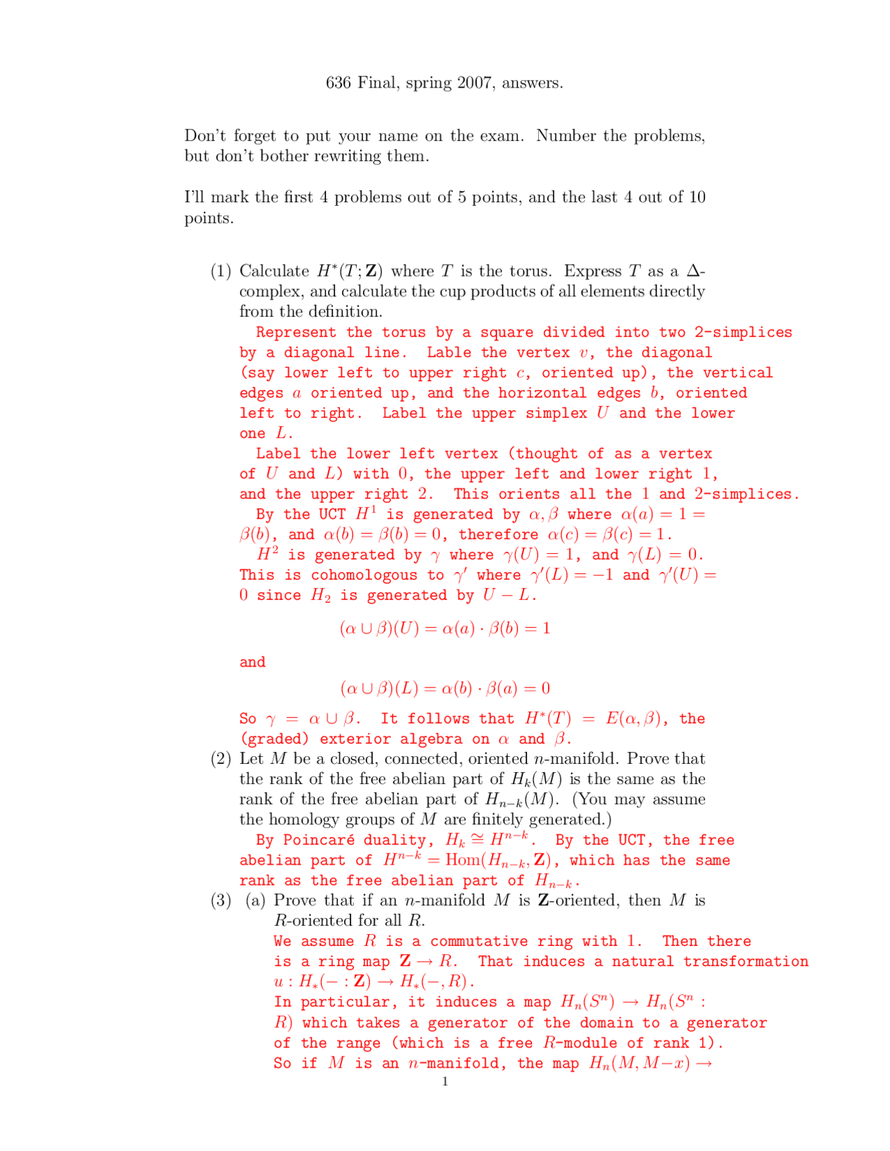 Final Exam With Solution Key Algebraic Topology Math 636 Docsity