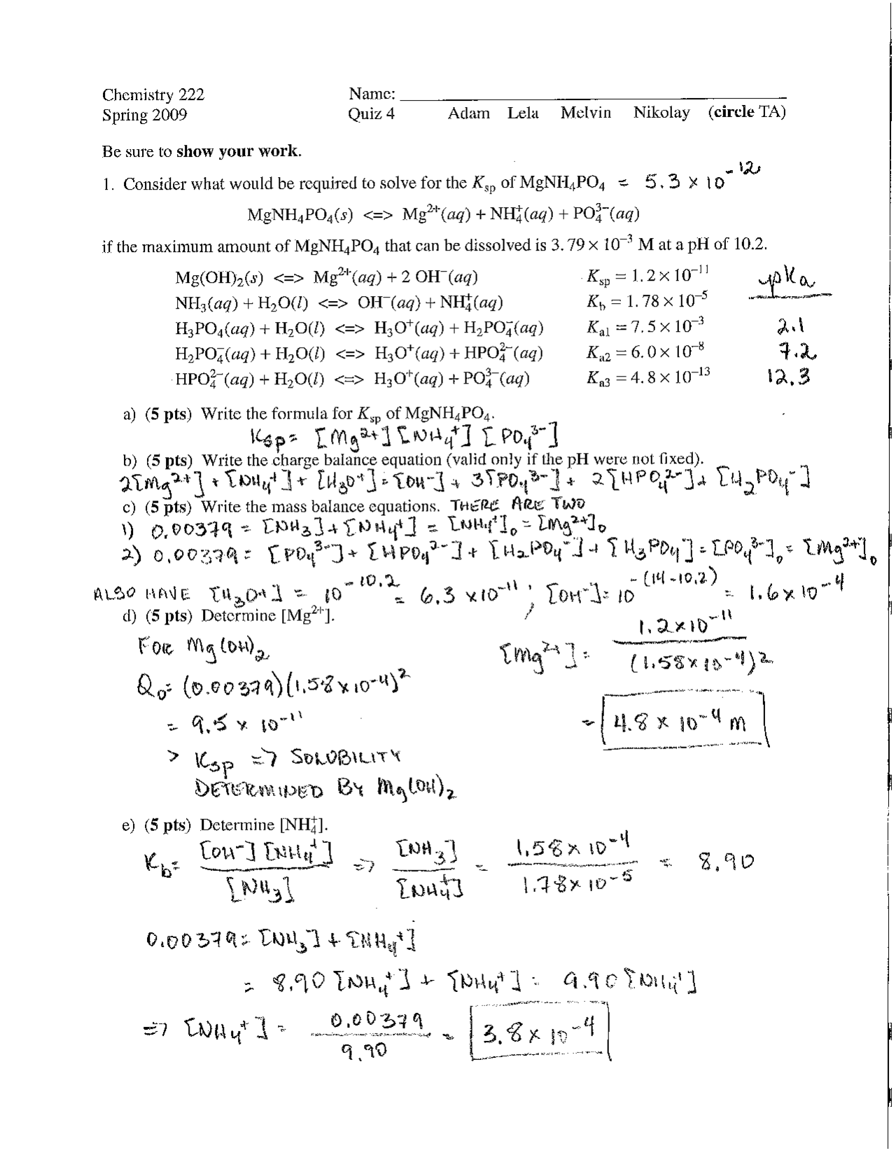 Quiz 4 With Answer Key Analytical Chemistry Chem 222 Docsity