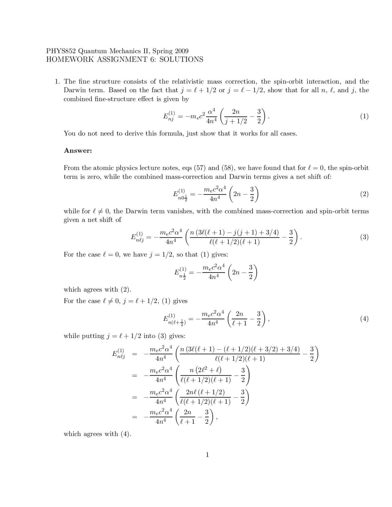 Solved Assignment for Quantum Mechanics II | PHY 852 - Docsity