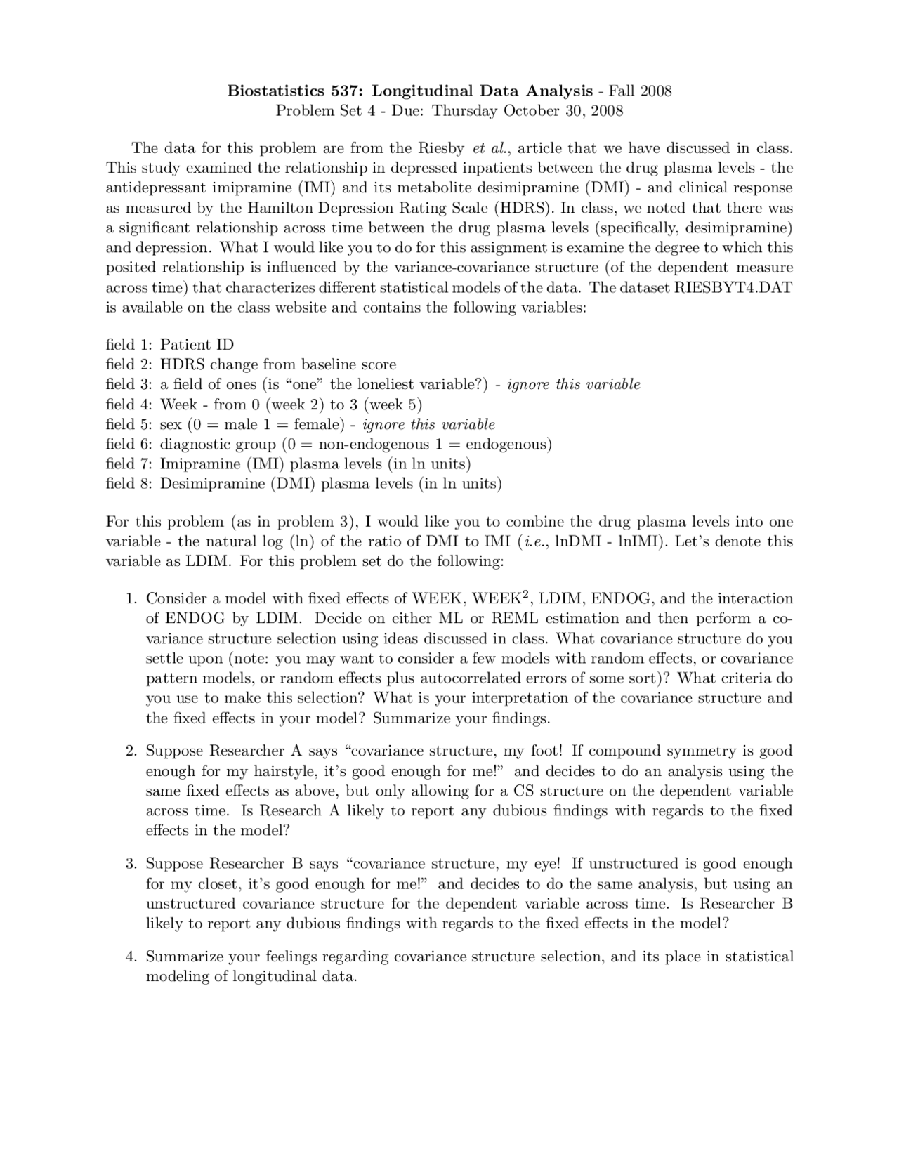 Problem Set 4 For Longitudinal Data Analysis Bstt 537 Docsity 0493