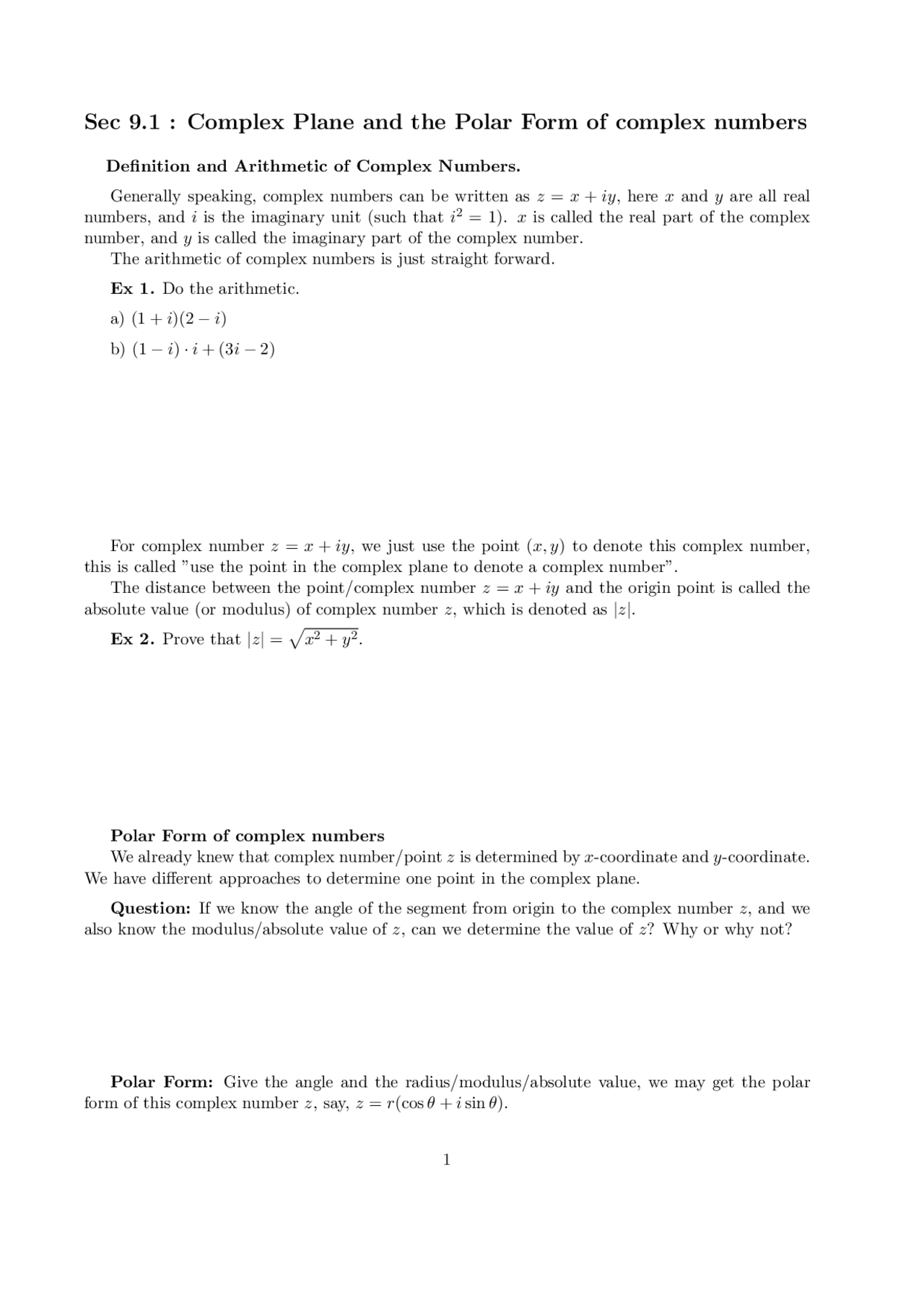 Complex Plane and Polar Form of a Complex Number - Lecture Notes | MATH ...