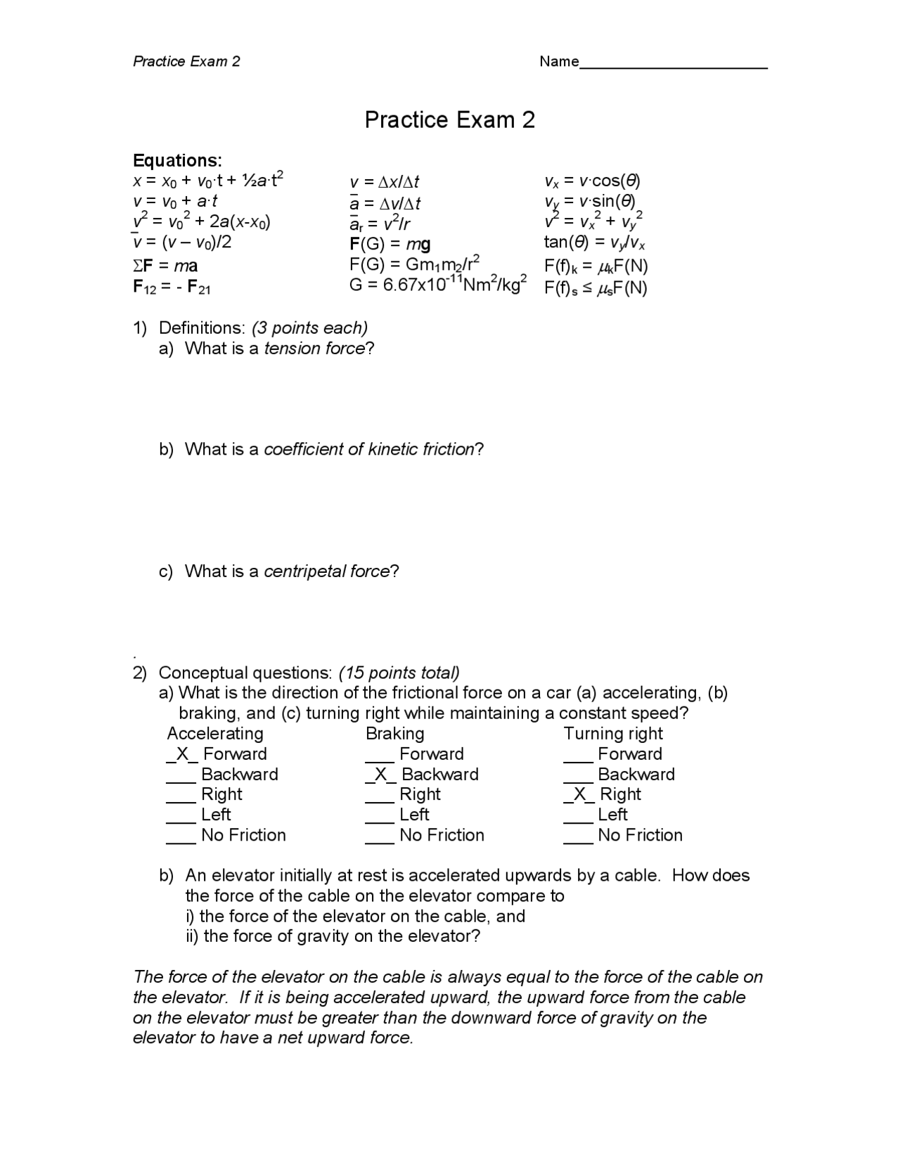 Practice Exam 2 College Physics I Phys 201 Docsity