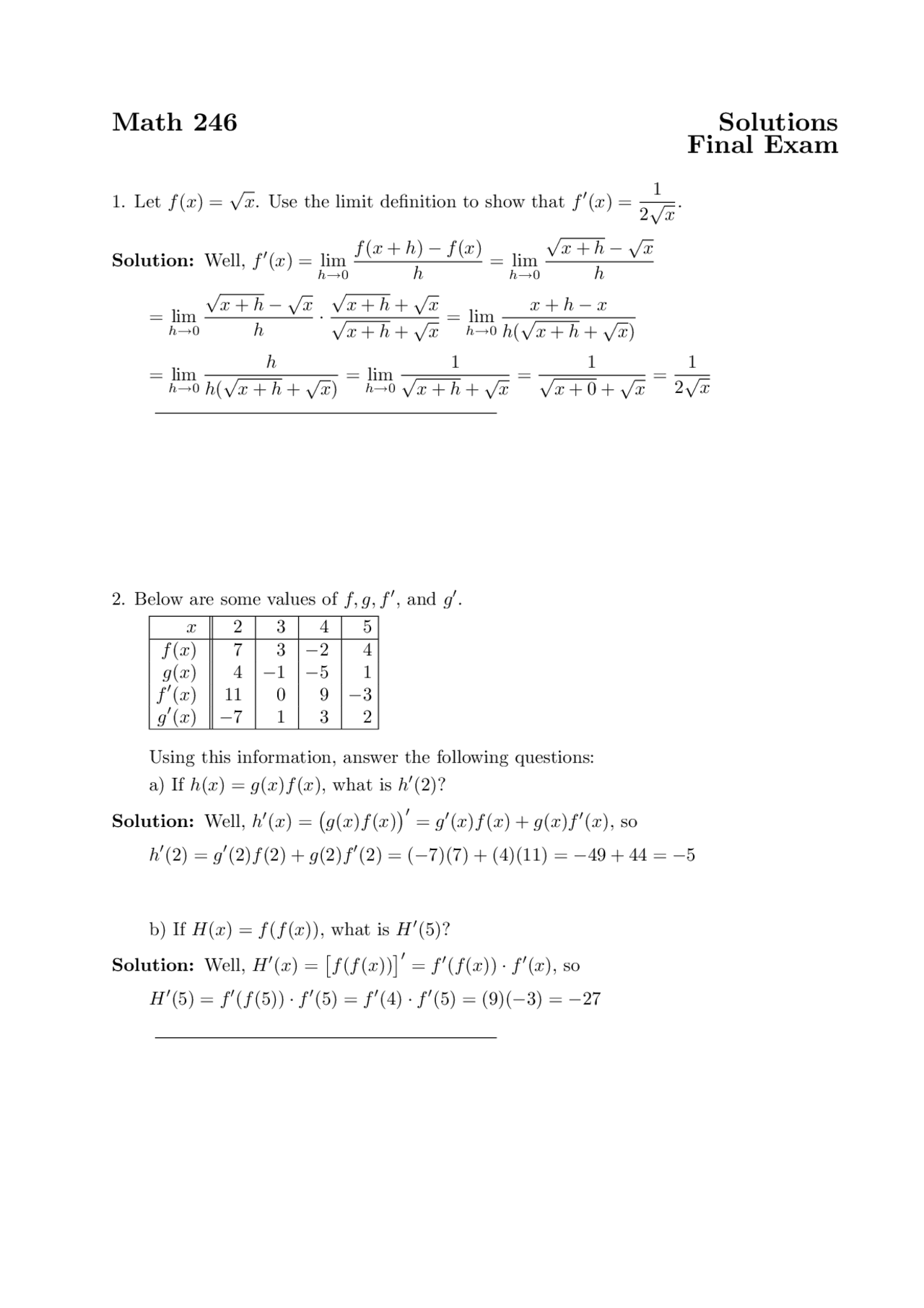 Solutions to Math 246 Final Exam: Differentiating Functions and Finding Limits | Exams ...