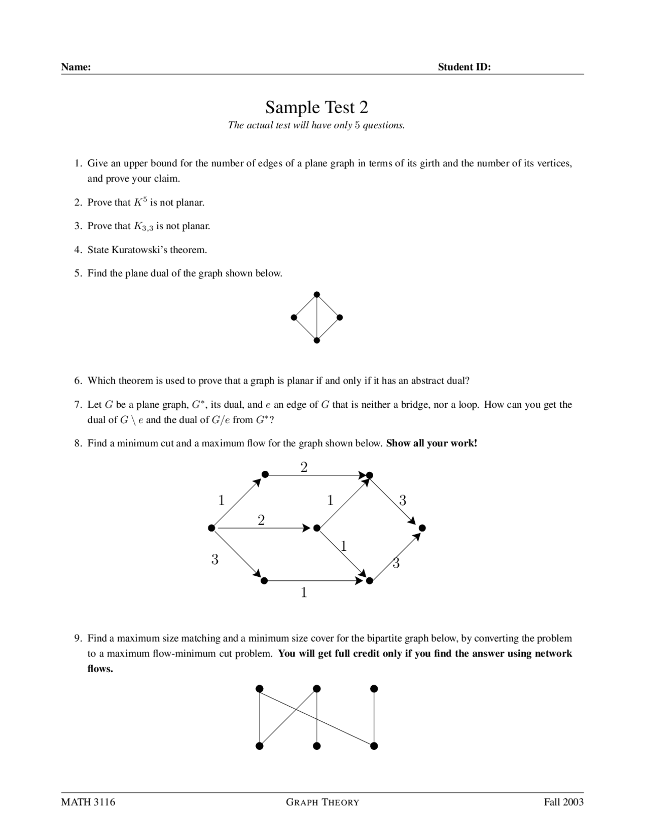 Sample Test 2 Questions Graph Theory Math 3116 Docsity