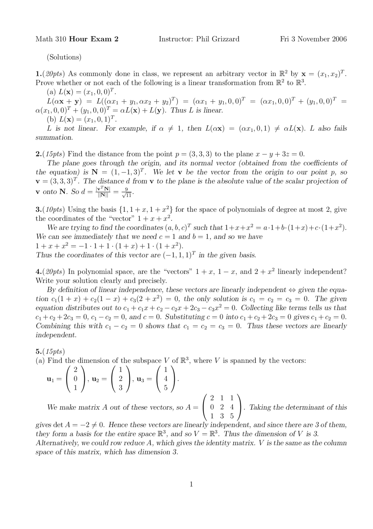 Practice Questions for Exam 2 - Applied Linear Algebra | MATH 310 - Docsity