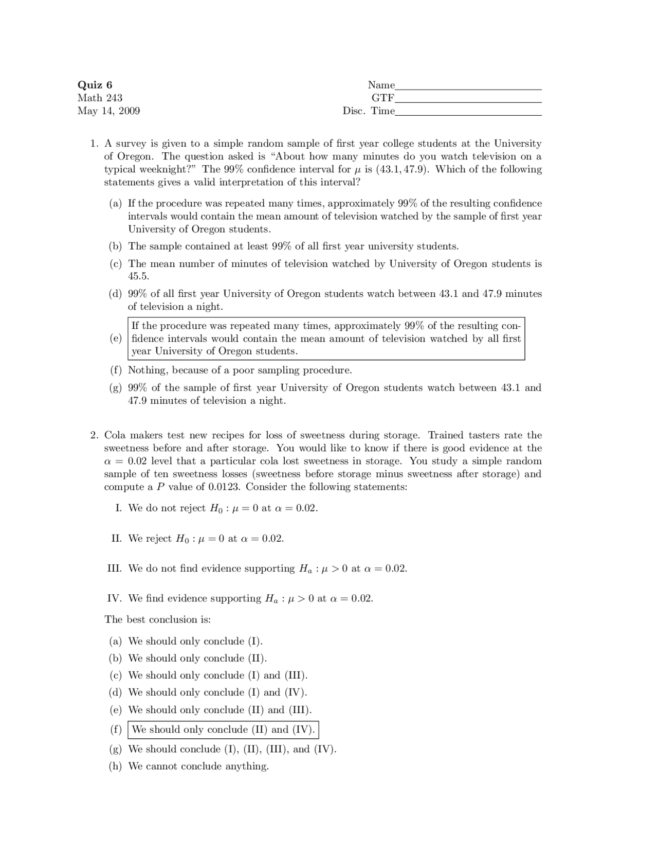 Quiz 6 for Introduction to Methods of Probability and Statistics | MATH 243 - Docsity