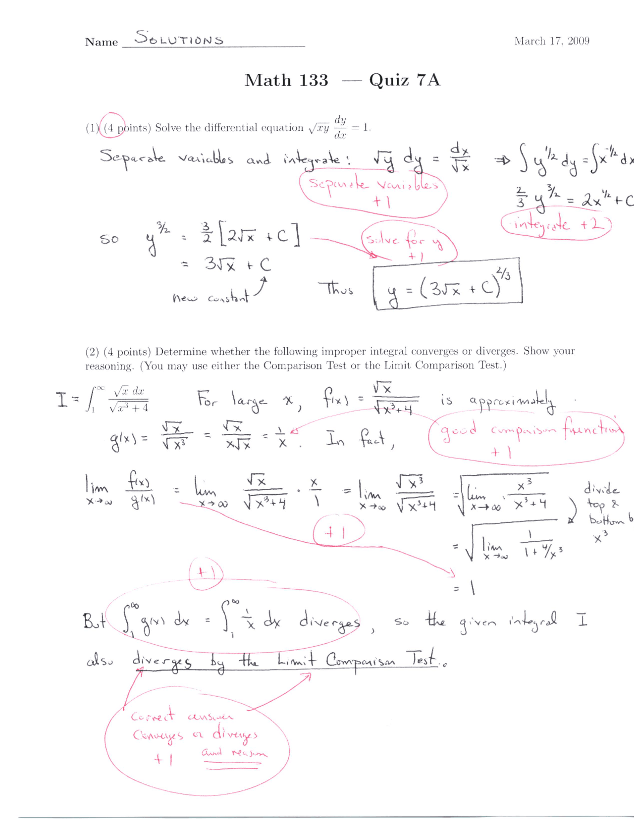 Quiz 7A Solutions | Calculus II | MTH 133 | Quizzes Calculus | Docsity