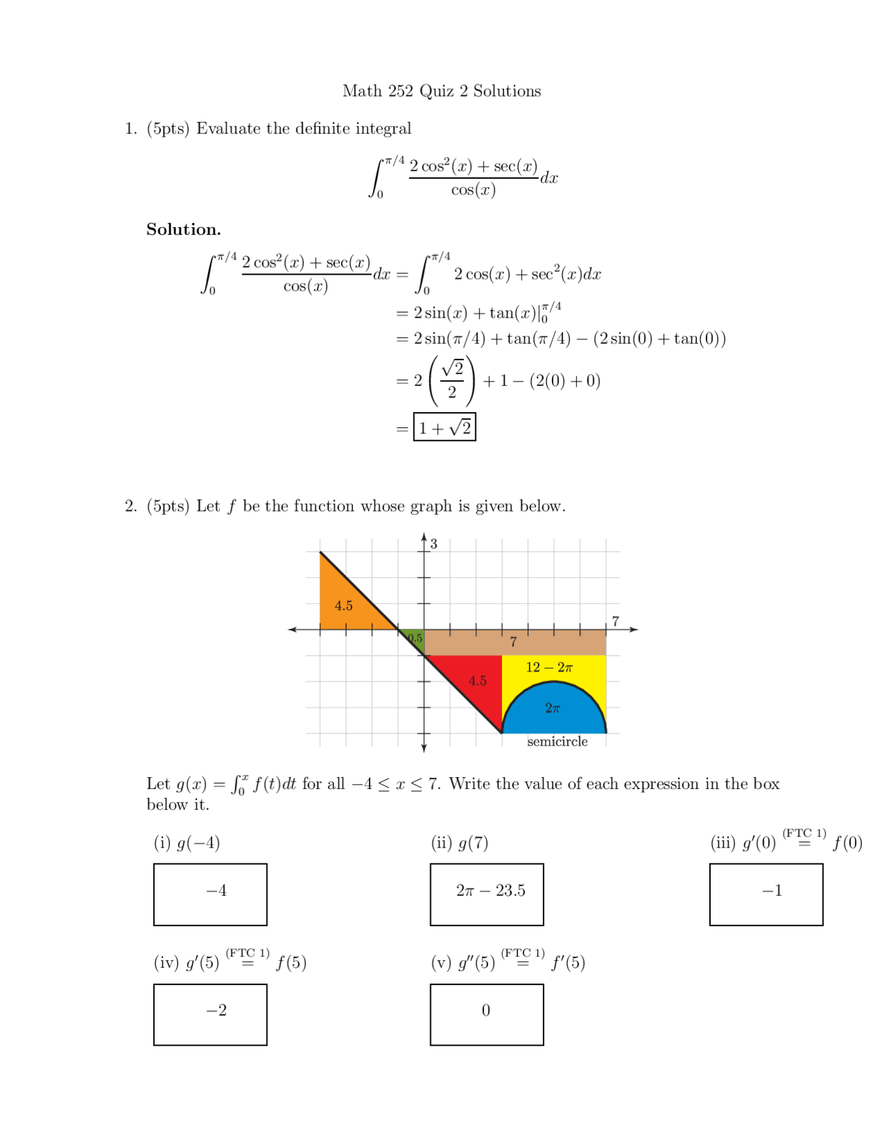 Quiz 2 Solutions for Calculus II | MATH 252 | Quizzes Calculus | Docsity